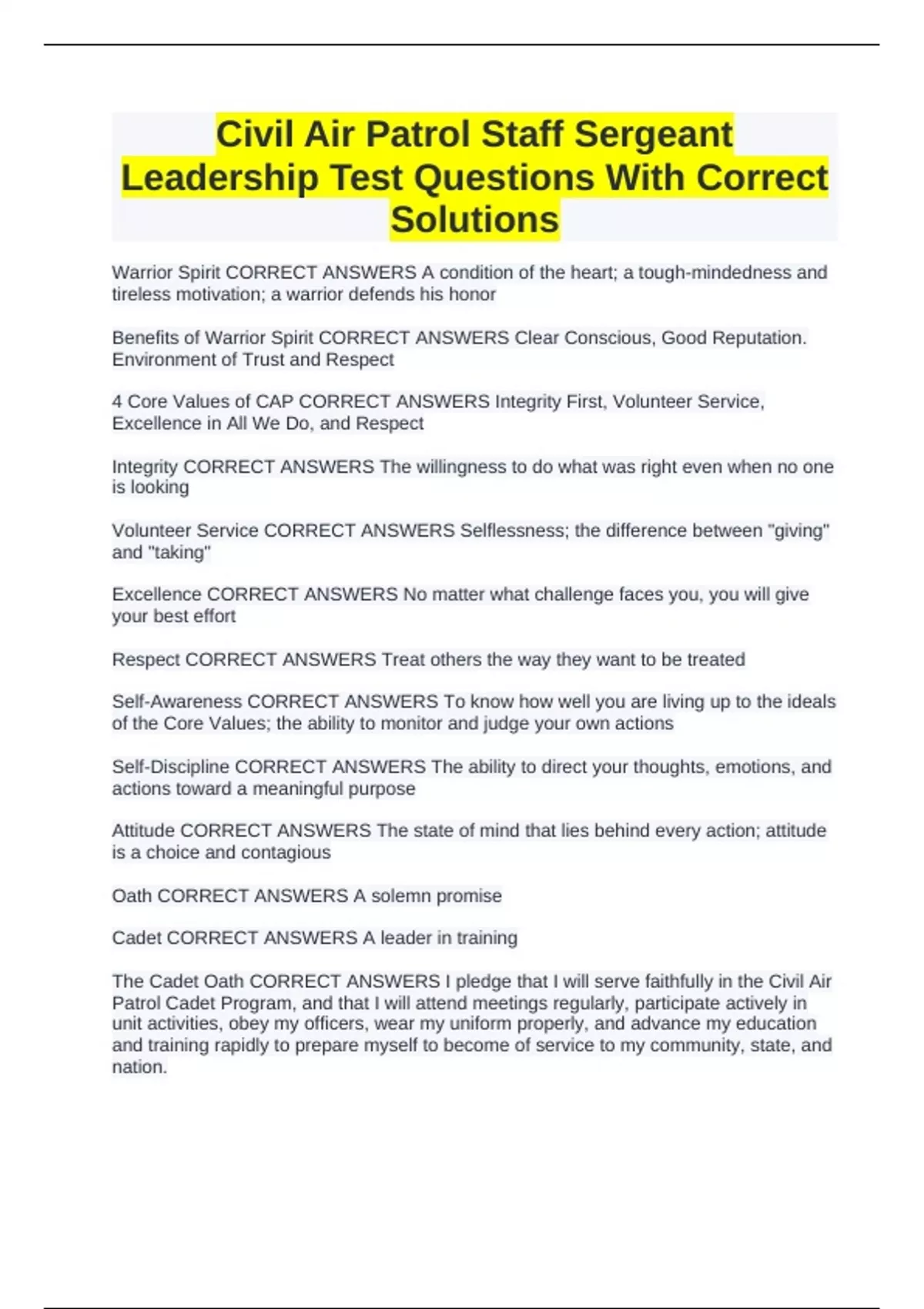 Civil Air Patrol Staff Sergeant Leadership Test Questions With Correct ...