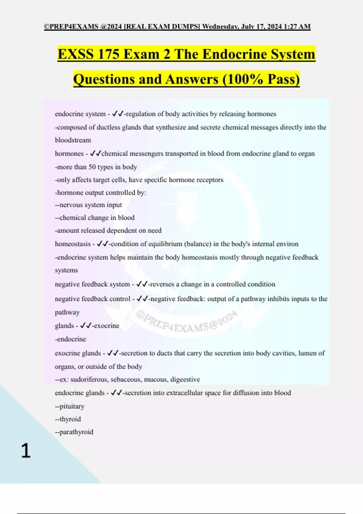 EXSS 175 Exam 2 The Endocrine System Questions and Answers (100% Pass ...