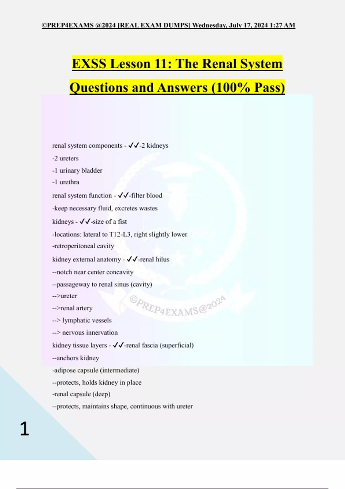 EXSS Lesson 11: The Renal System Questions and Answers (100% Pass ...