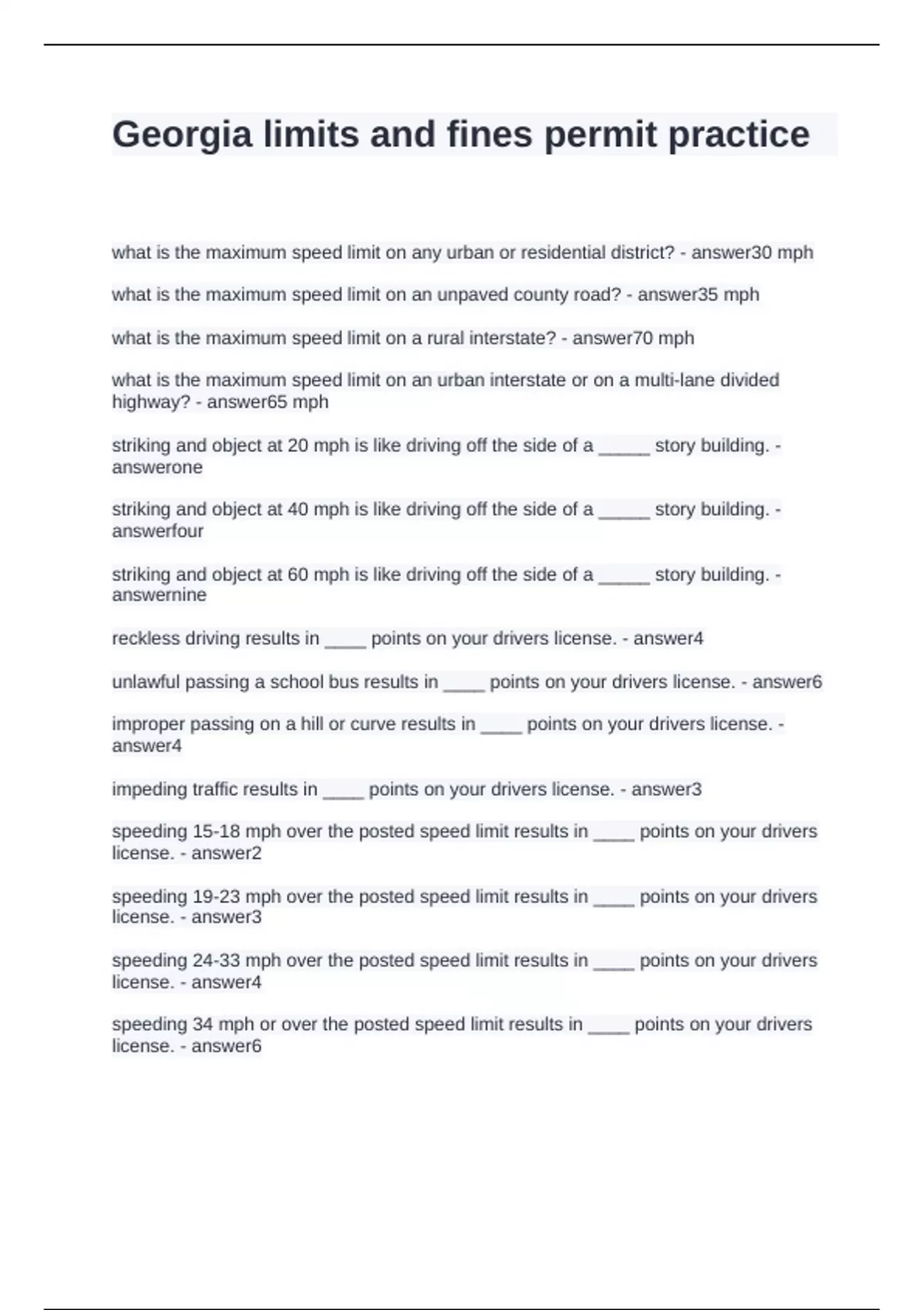 Georgia limits and fines permit practice Questions with Solutions 2024 ...