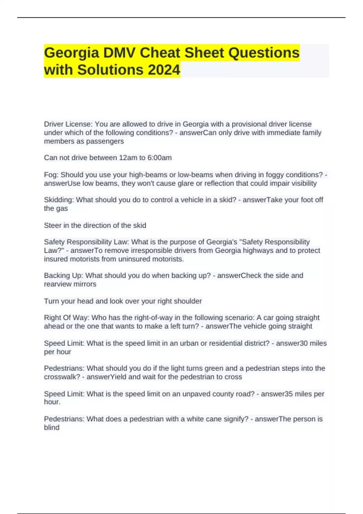 Georgia DMV Cheat Sheet Questions with Solutions 2024 - Georgia Permit ...