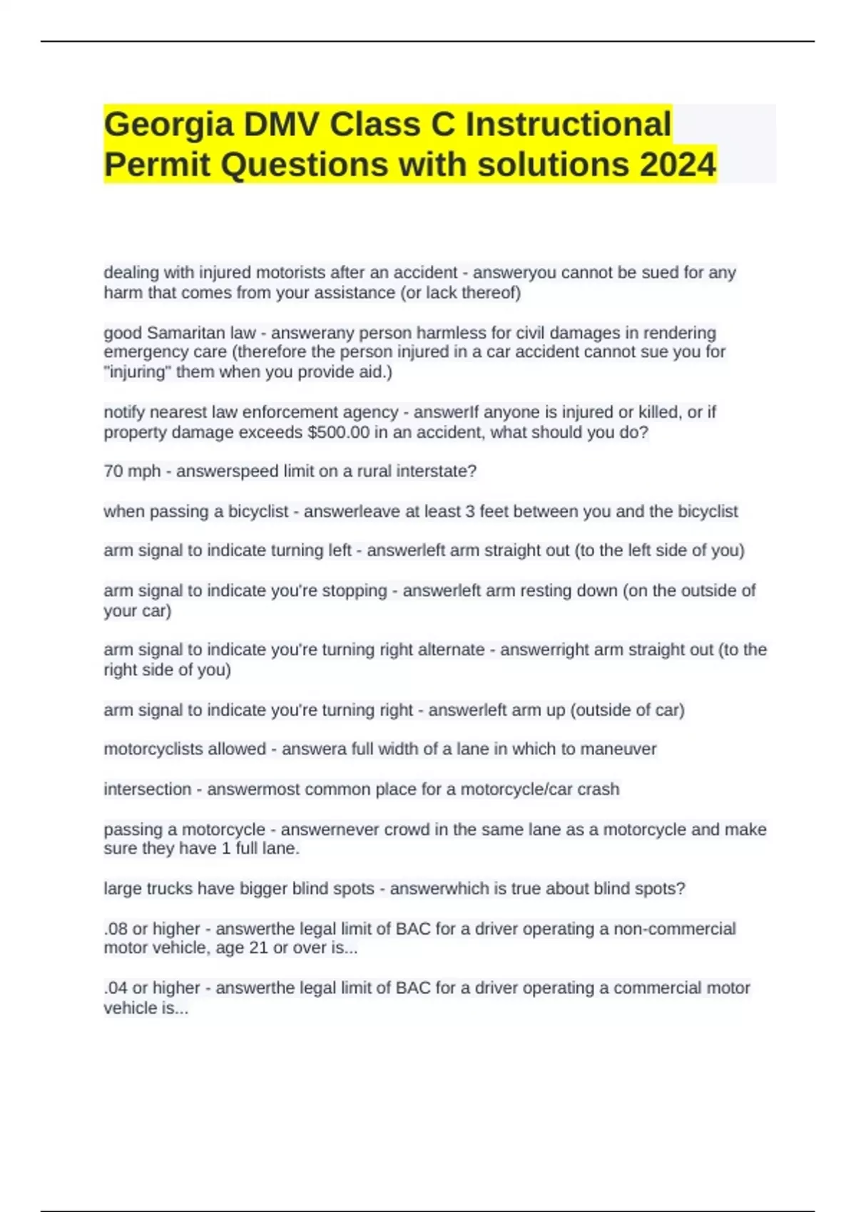 Georgia DMV Class C Instructional Permit Questions with solutions 2024 ...