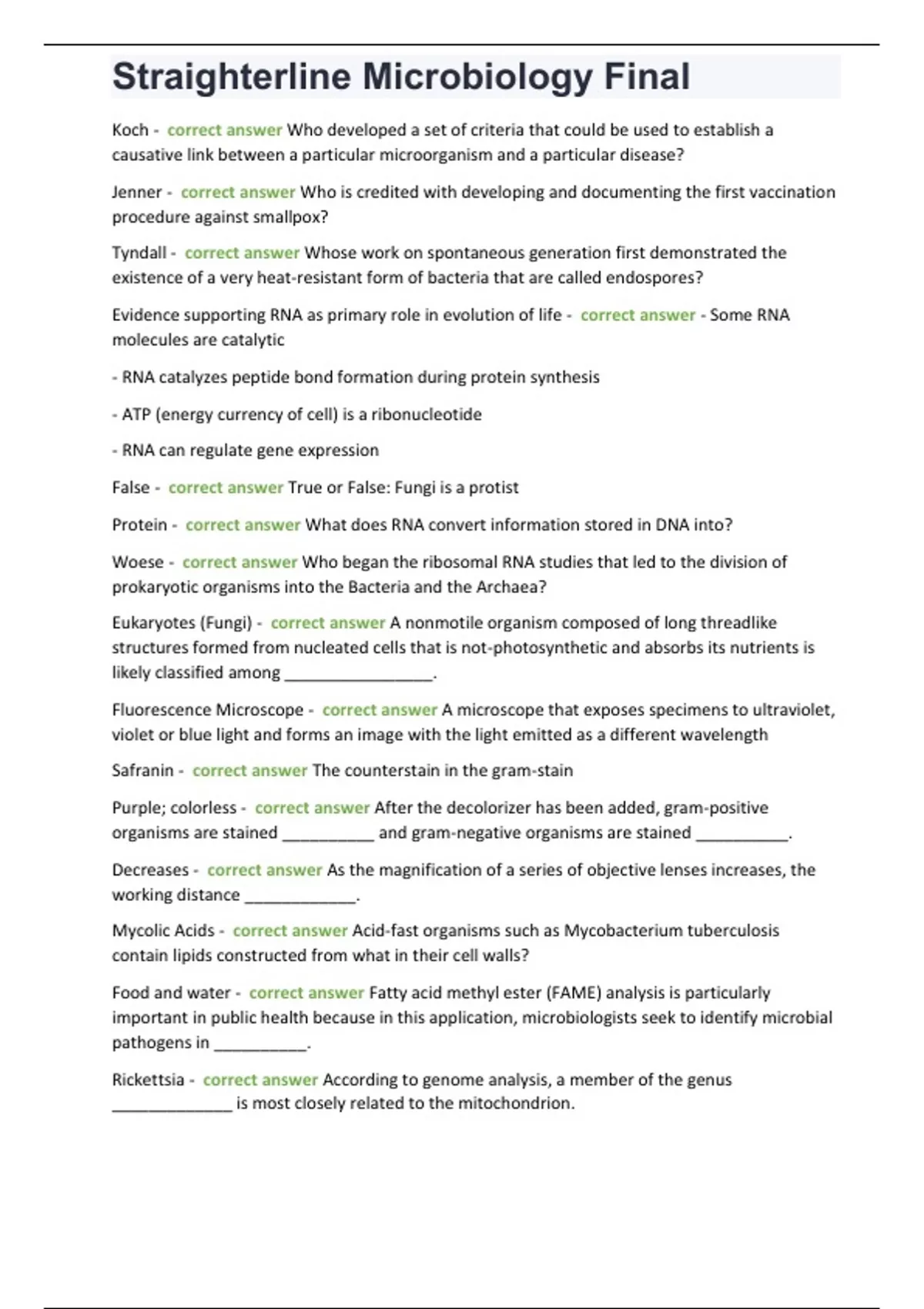Straighterline Microbiology Final-100+ questions with correct answers ...