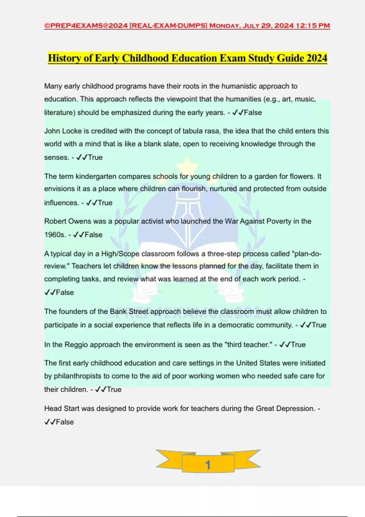 History of Early Childhood Education Exam Study Guide 2024 - History of ...