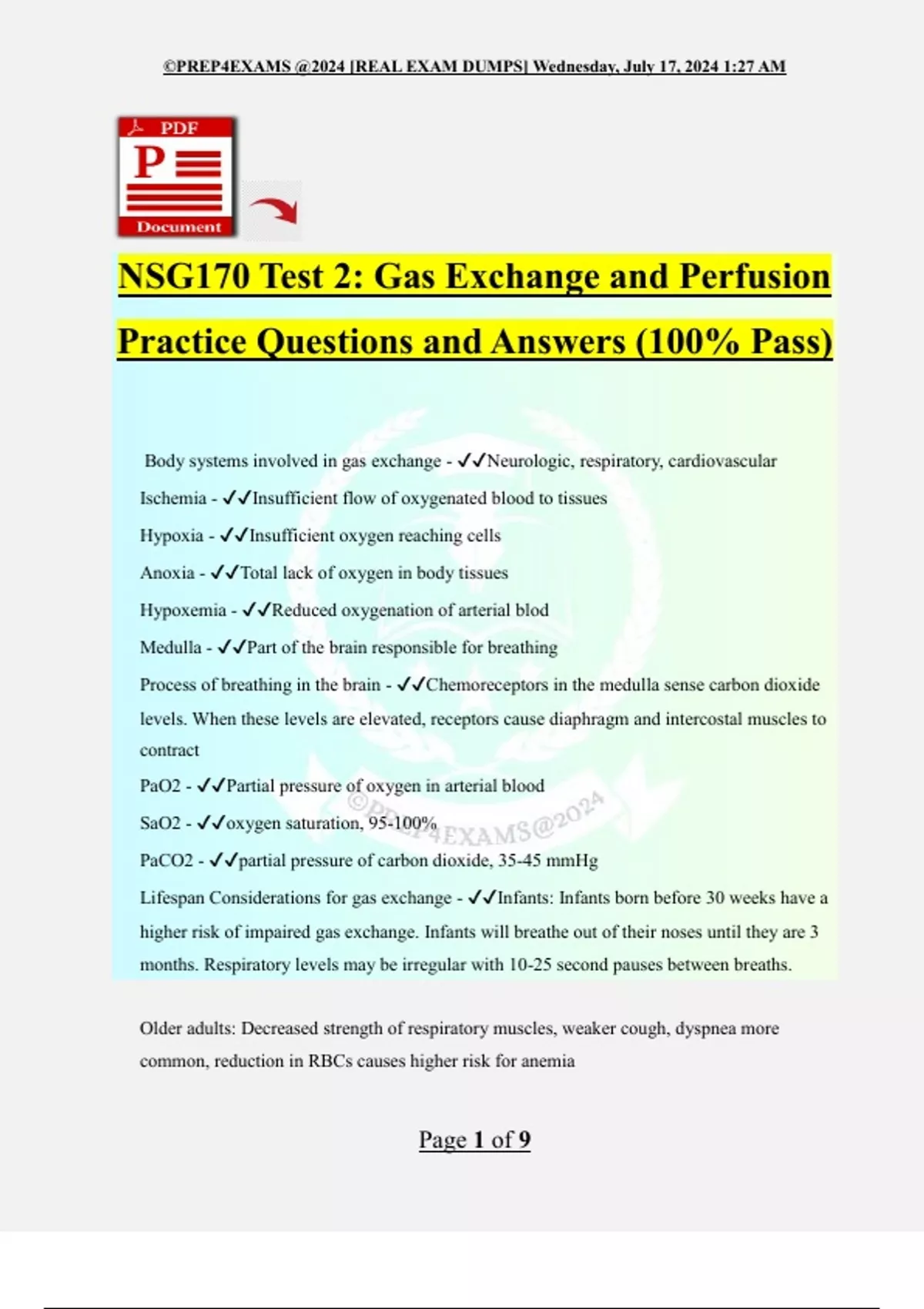 NSG170 Test 2: Gas Exchange and Perfusion Practice Questions and ...