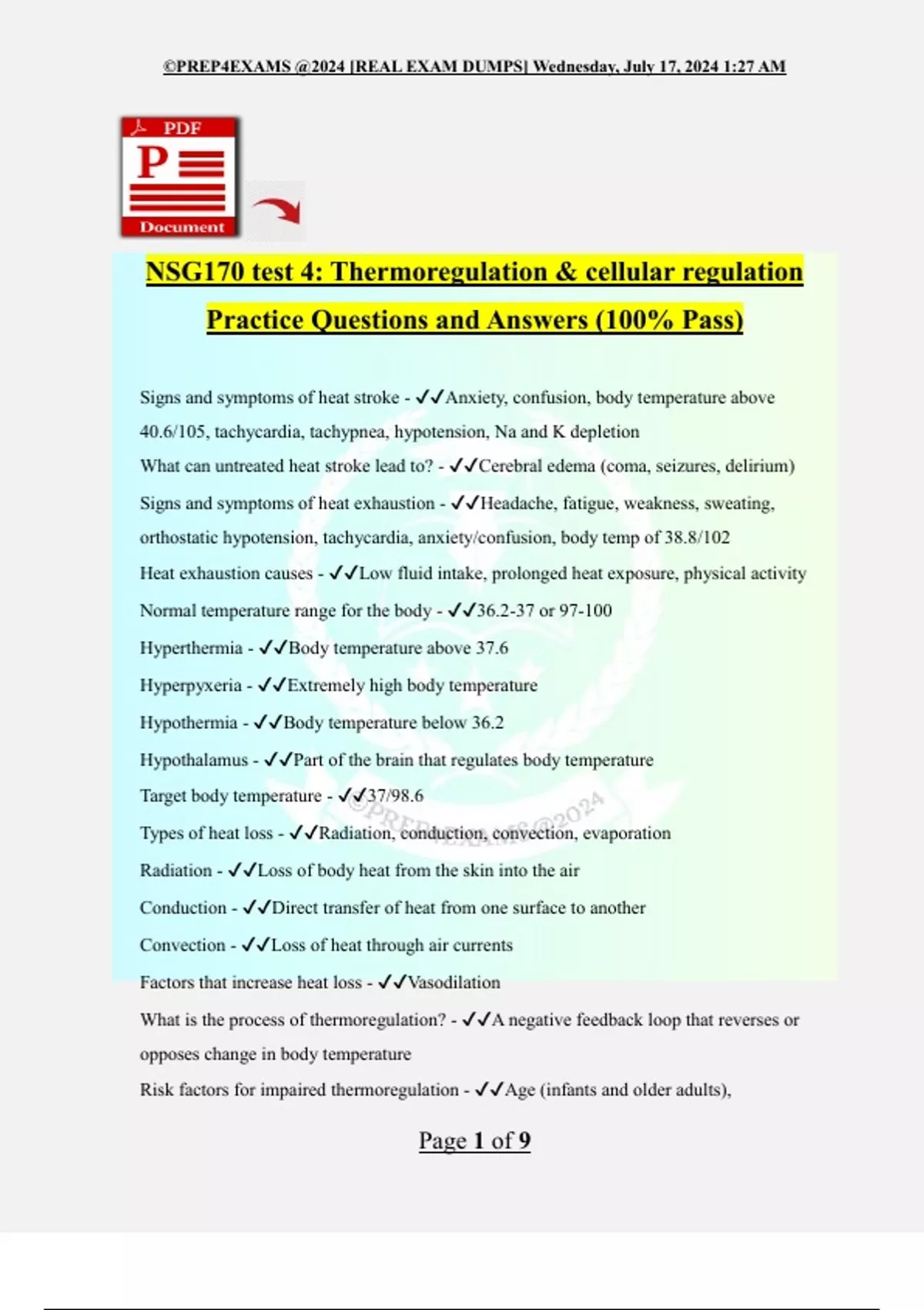 NSG170 test 4: Thermoregulation & cellular regulation Practice ...