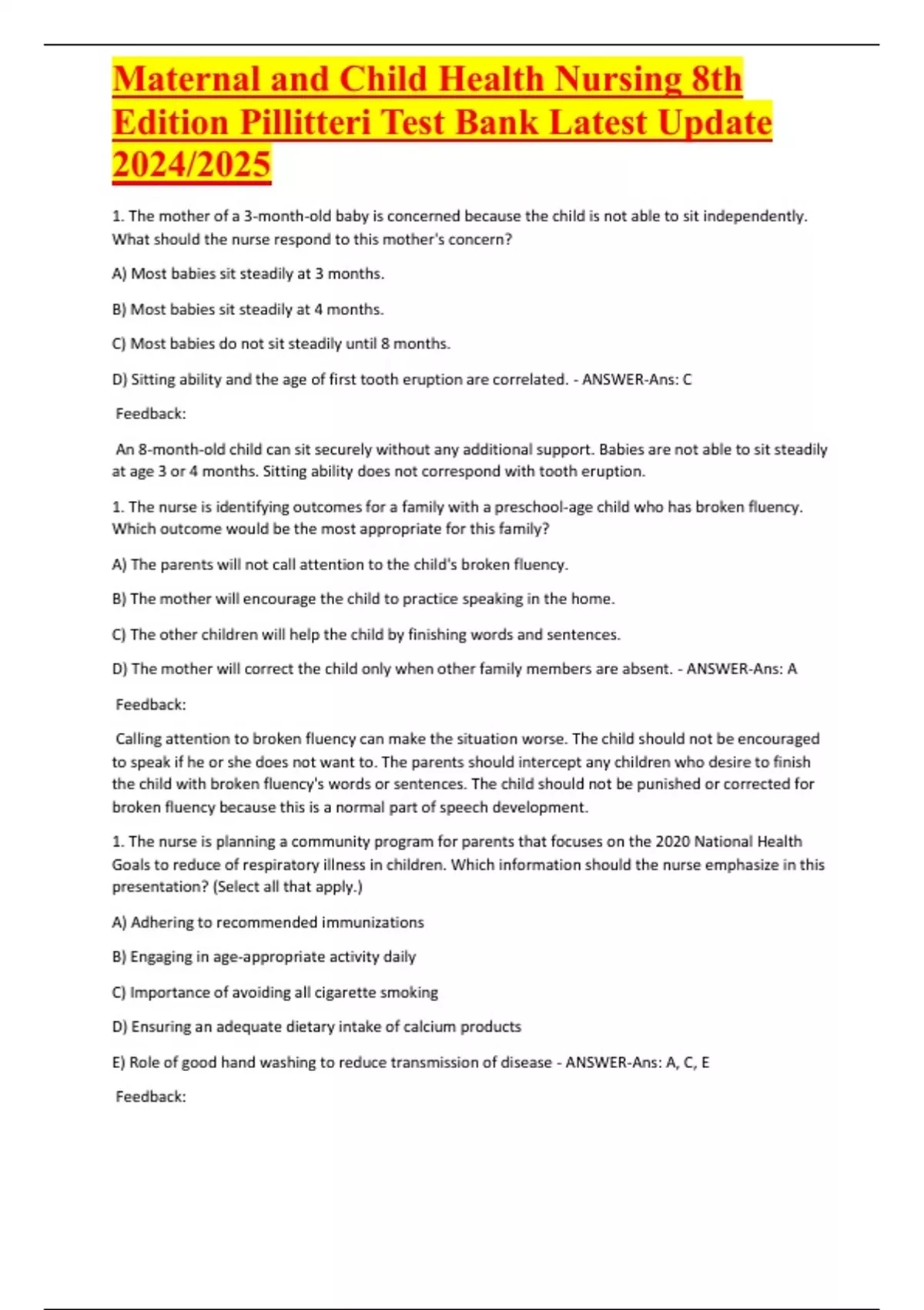 Maternal and Child Health Nursing 8th Edition Pillitteri Test Bank ...