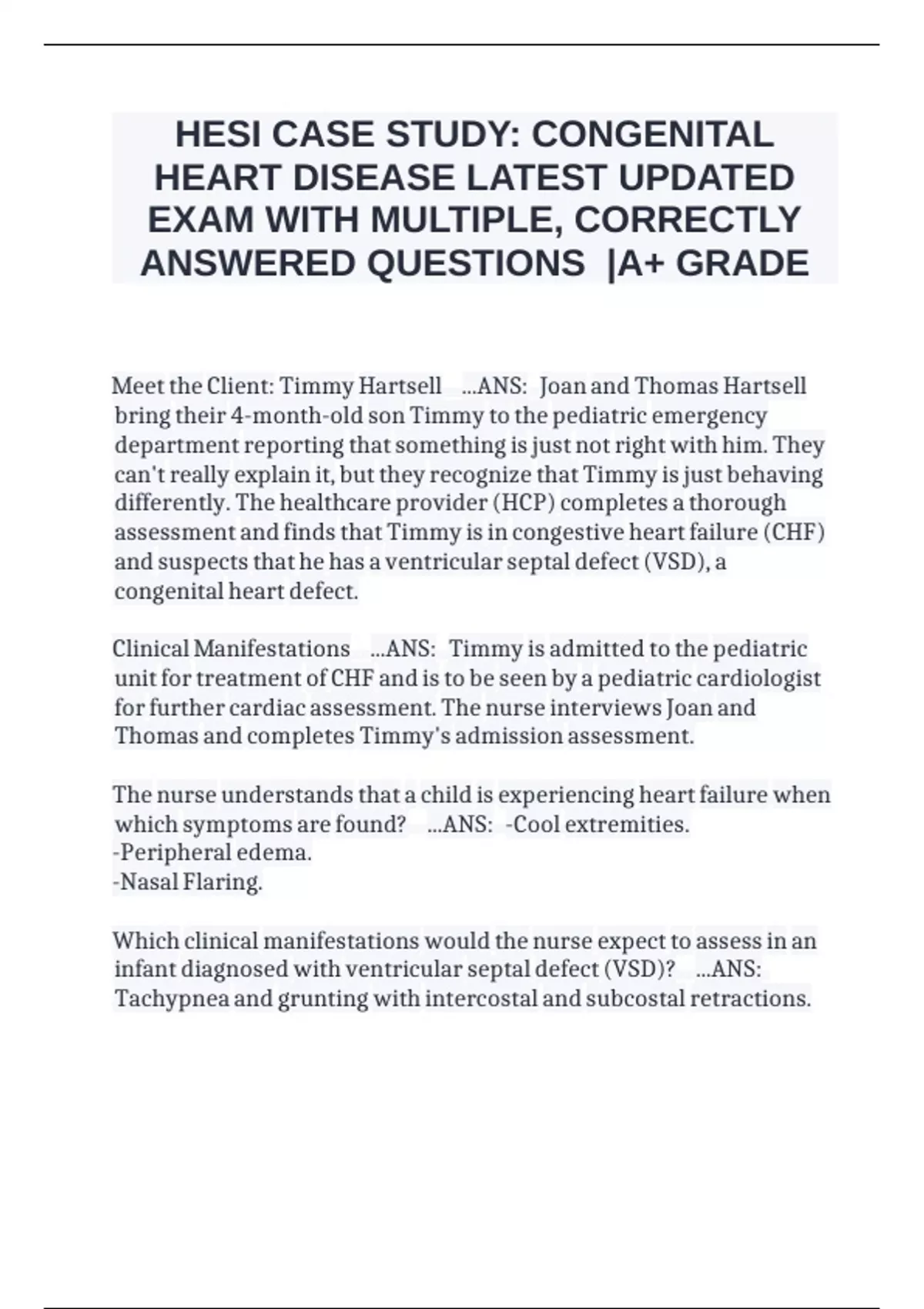 HESI CASE STUDY: CONGENITAL HEART DISEASE LATEST UPDATED EXAM WITH ...
