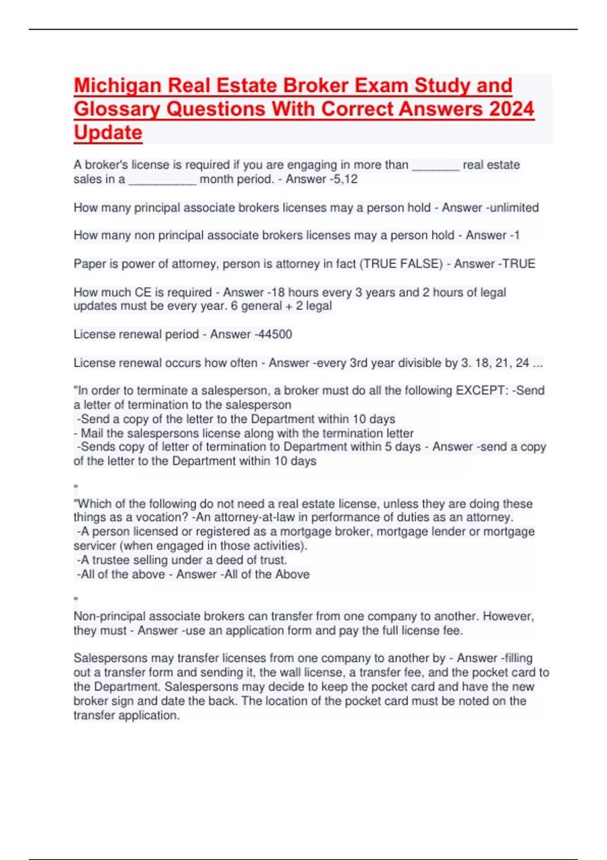 Michigan Real Estate Broker Exam Study and Glossary Questions With ...