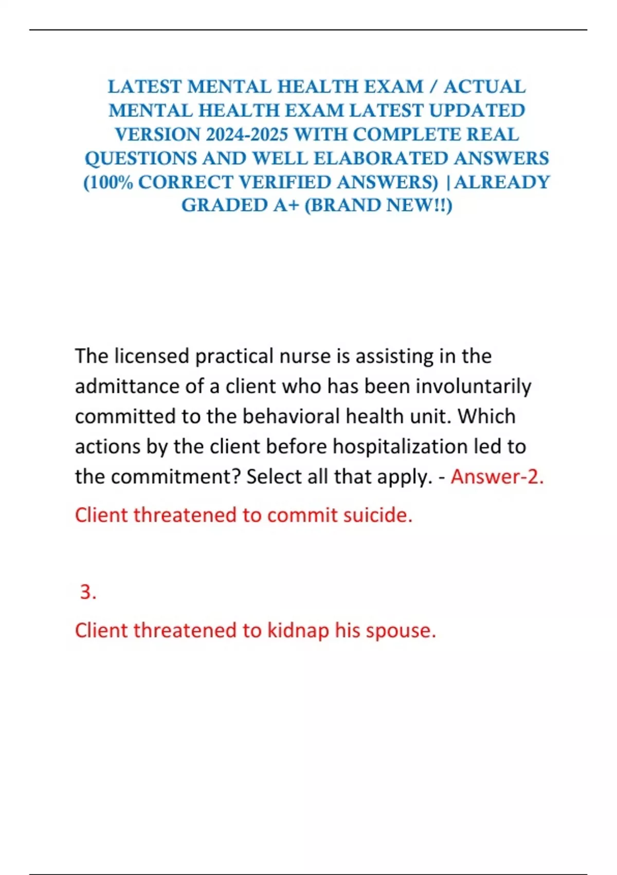 LATEST MENTAL HEALTH EXAM / ACTUAL MENTAL HEALTH EXAM LATEST UPDATED ...