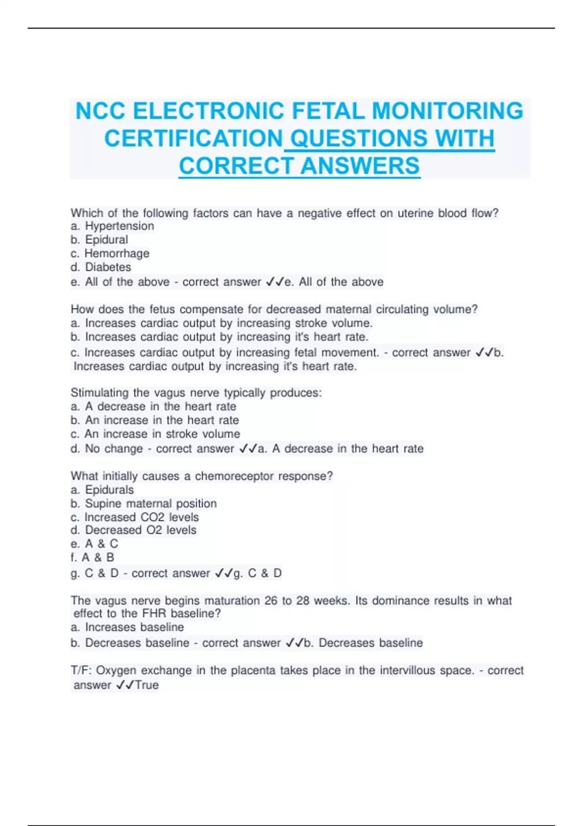 NCC ELECTRONIC FETAL MONITORING CERTIFICATION QUESTIONS WITH CORRECT ANSWERS - NCC Certification ...