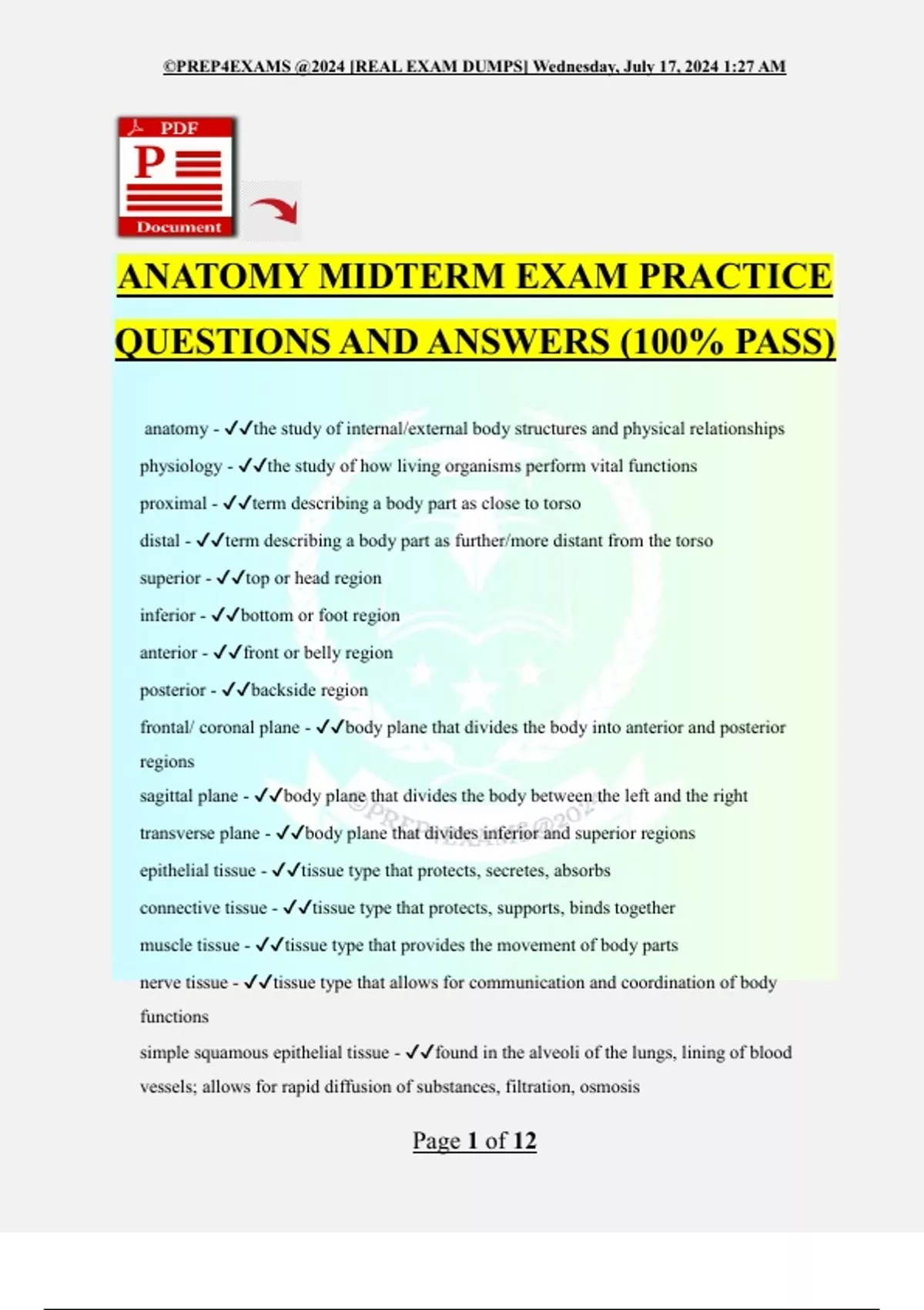 ANATOMY MIDTERM EXAM PRACTICE QUESTIONS AND ANSWERS (100% PASS) - Anatomy and Physiology - Stuvia US