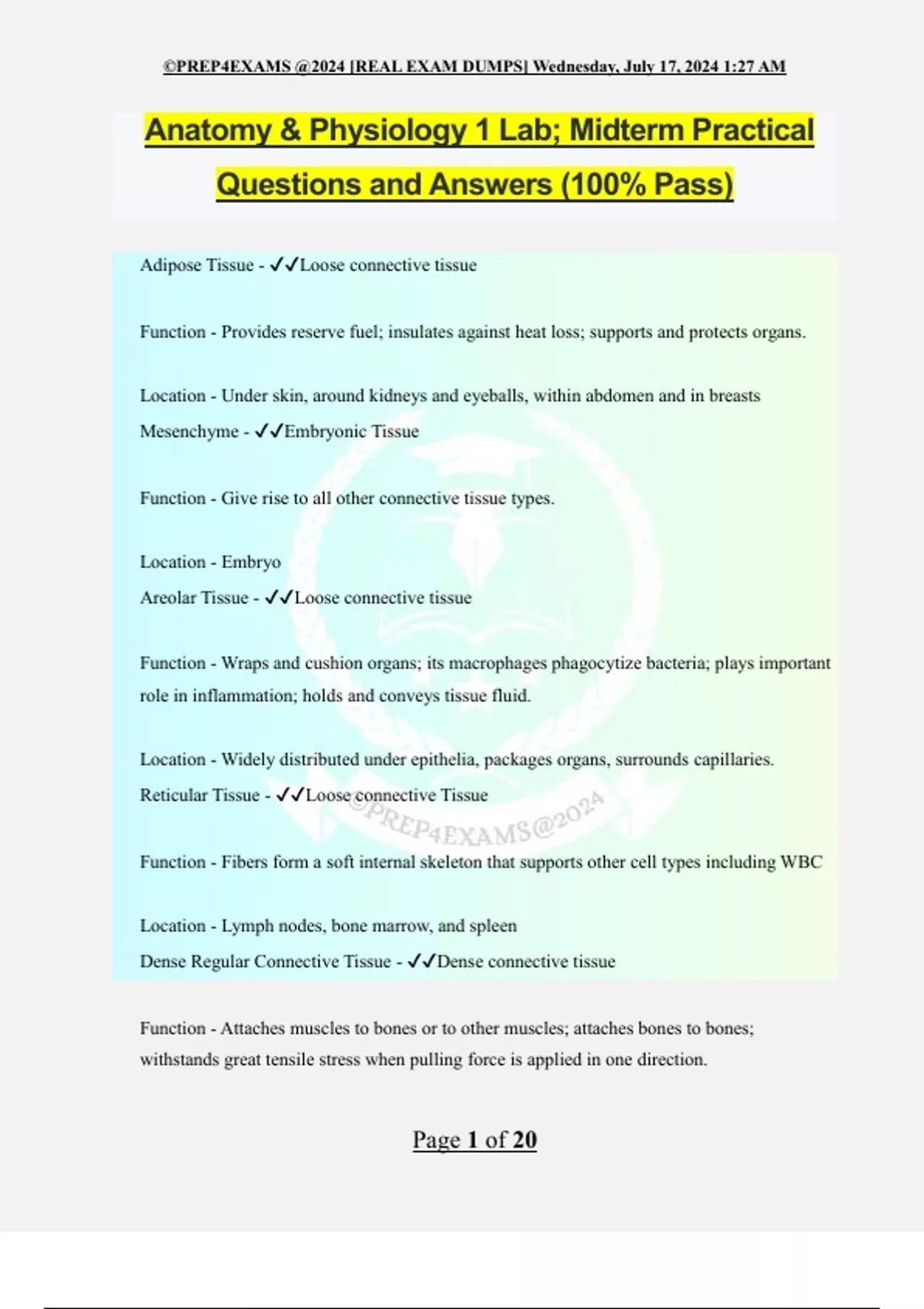 Anatomy & Physiology 1 Lab; Midterm Practical Questions and Answers (100% Pass) - Anatomy and ...