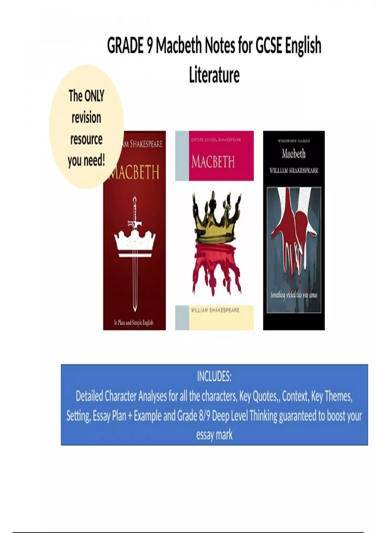 GCSE English Macbeth complete + detailed Grade 9 notes (the only ...