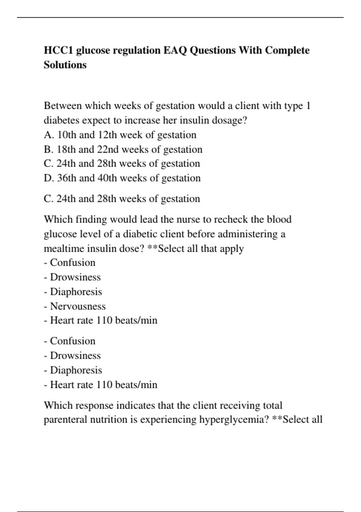 HCC1 glucose regulation EAQ Questions With Complete Solutions - HCC1 ...