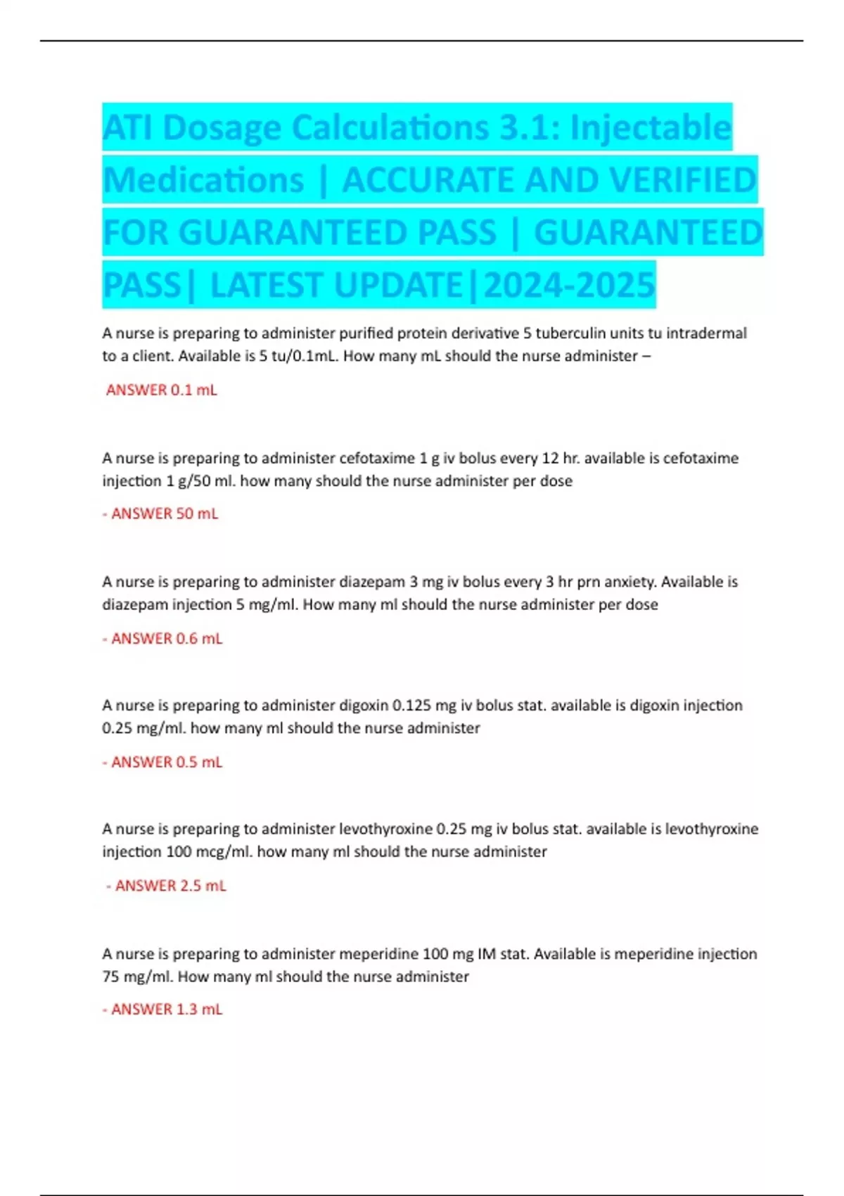 ATI Dosage Calculations 3.1: Injectable Medications | ACCURATE AND ...