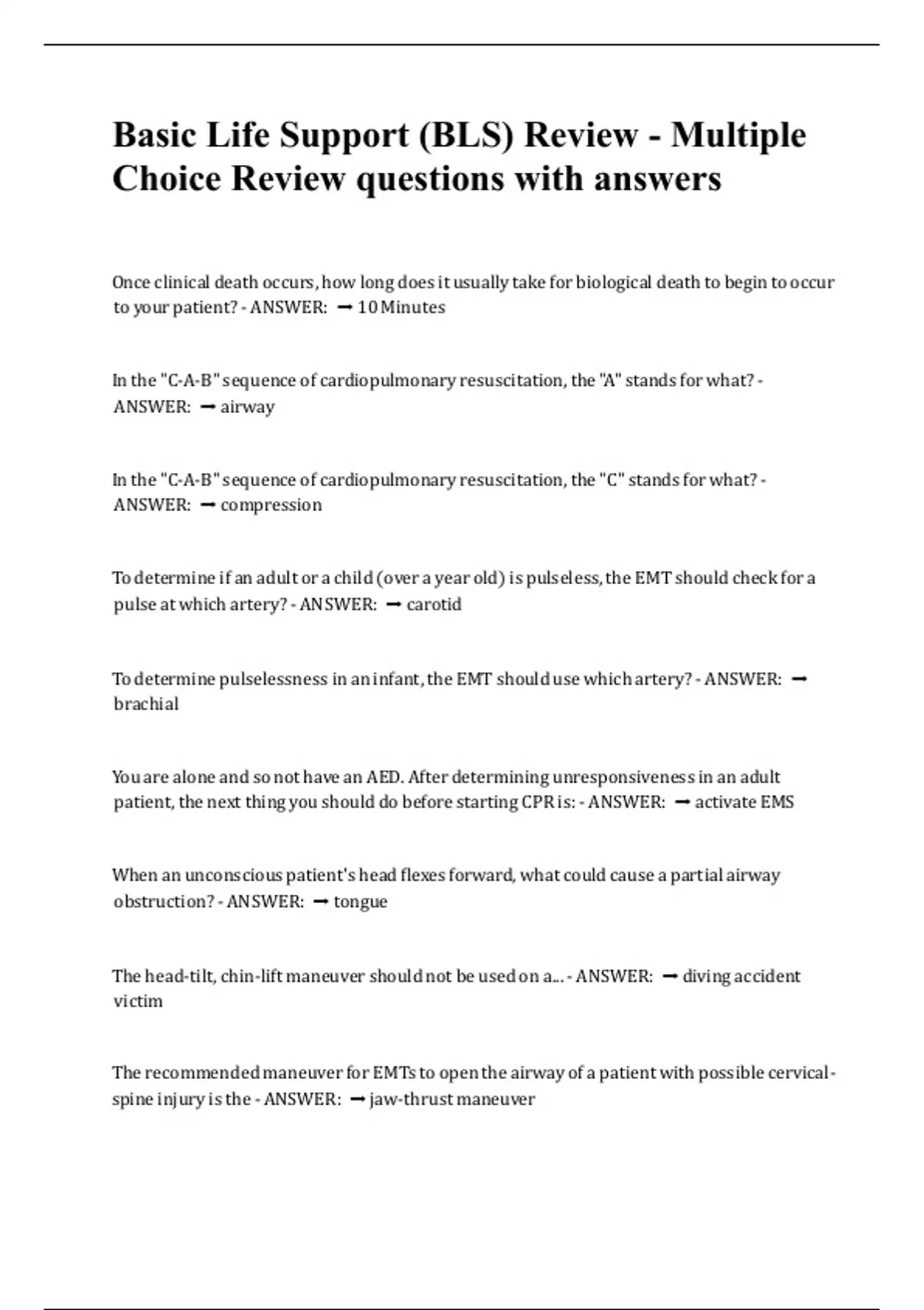 Basic Life Support (BLS) Review - Multiple Choice Review questions with ...