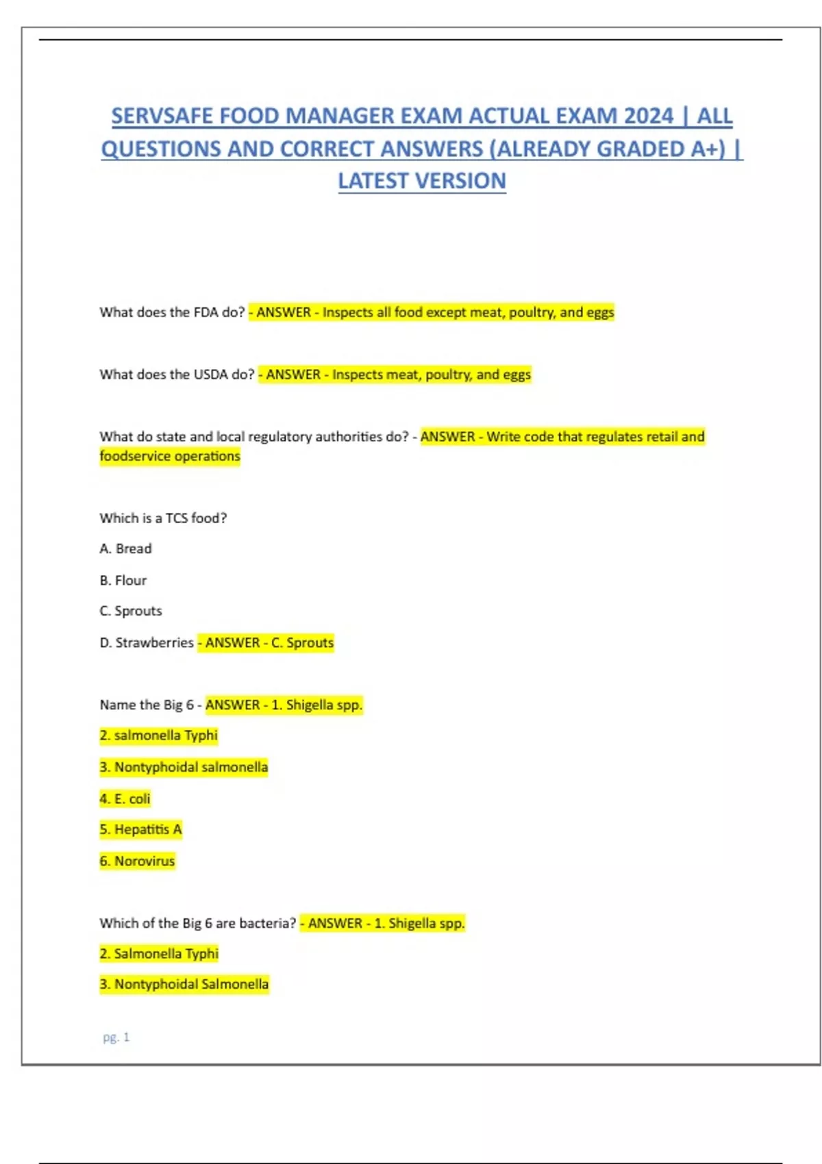 SERVSAFE FOOD MANAGER EXAM NEWEST 2024/2025 PACKAGE DEAL| DIFFERENT ...