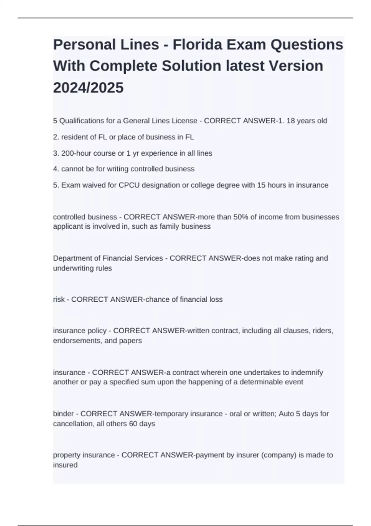 Personal Lines - Florida Exam Questions With Complete Solution latest ...