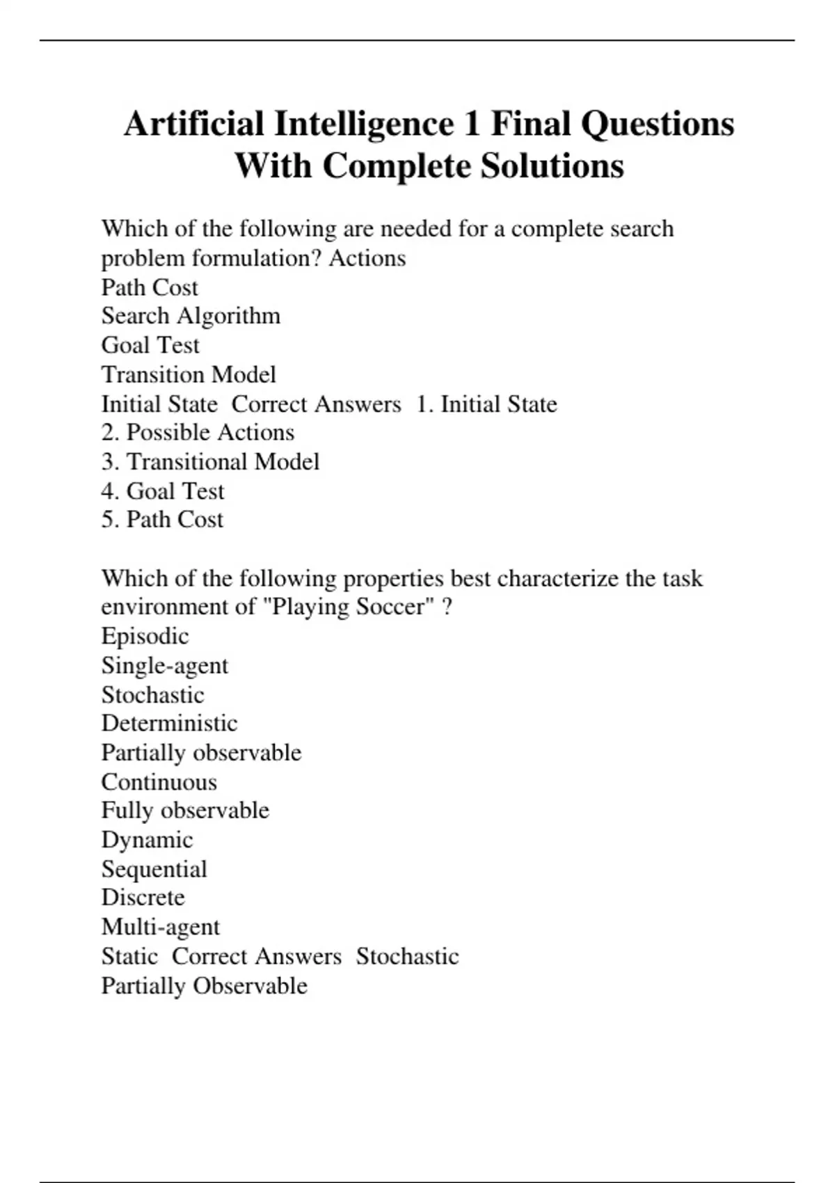 Artificial Intelligence 1 Final Questions With Complete Solutions ...
