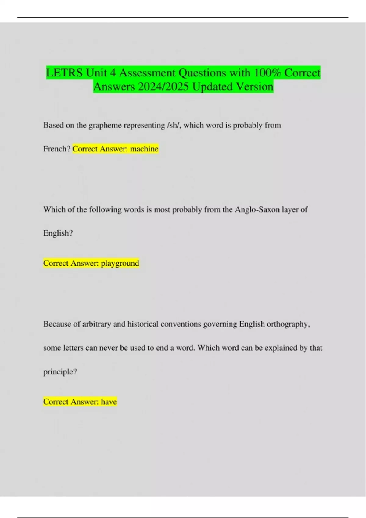 LETRS Unit 4 Assessment Questions with 100% Correct Answers 2024/2025 ...