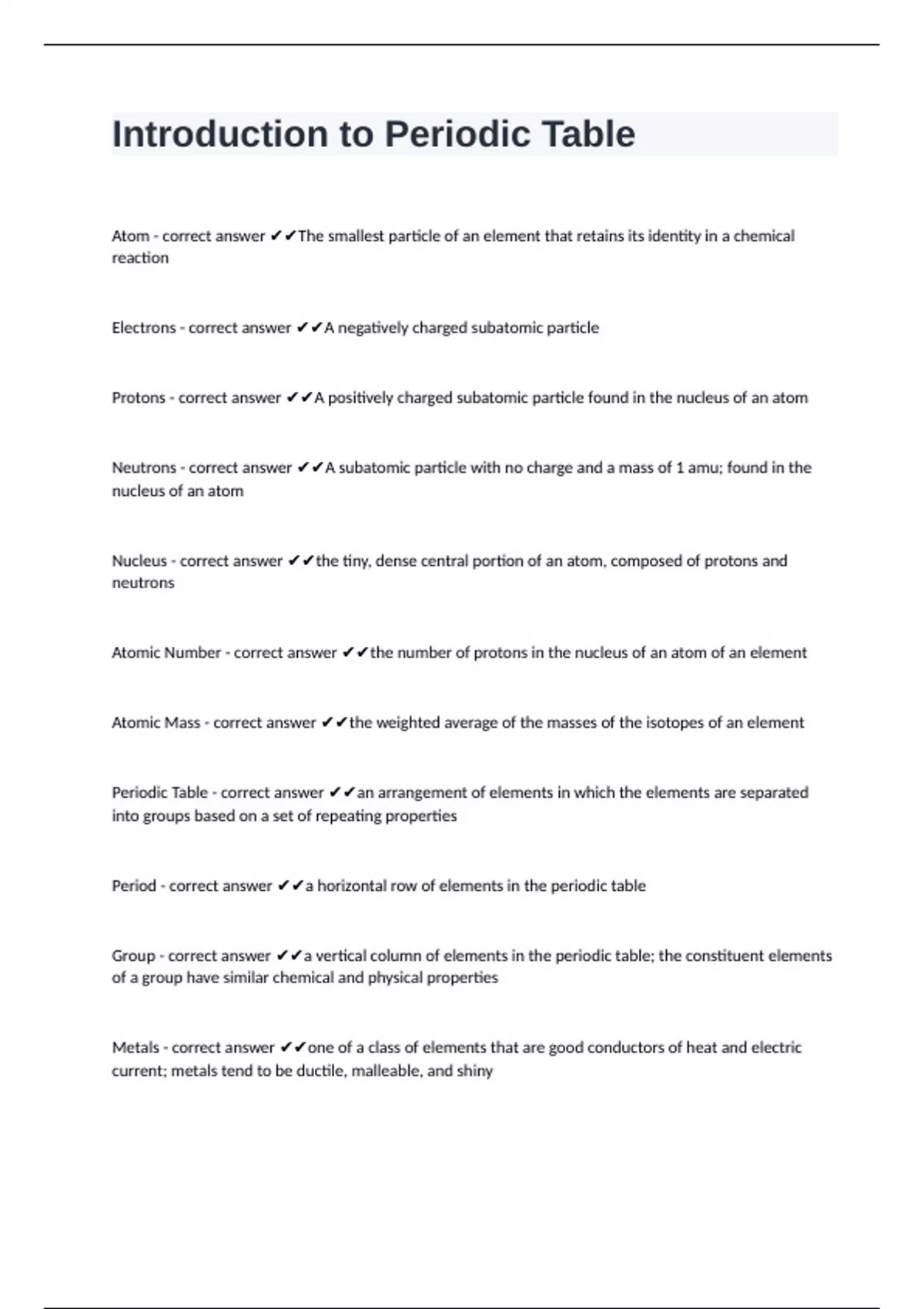 Introduction to Periodic Table questions with correct answers - Ptoe ...
