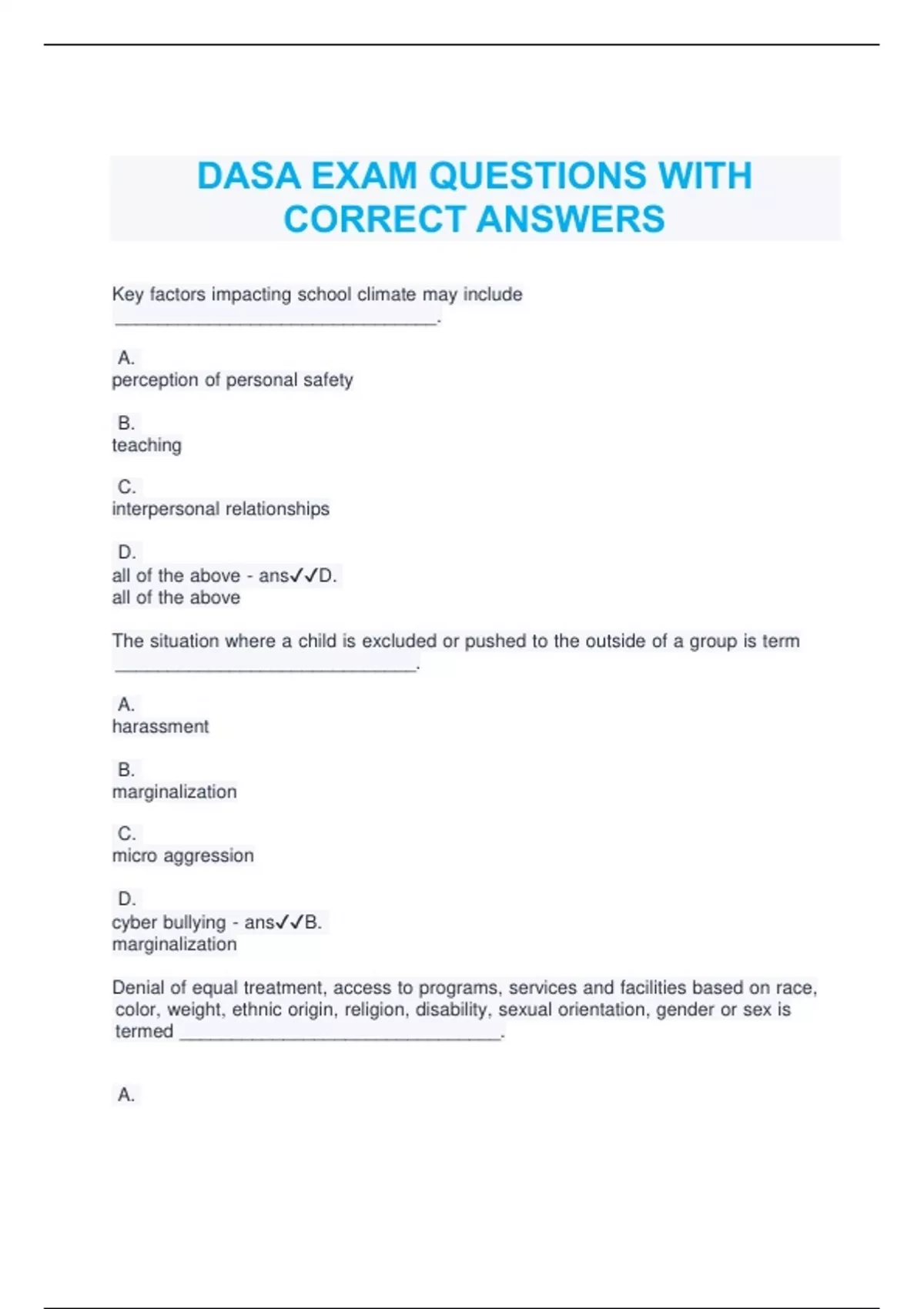 DASA EXAM QUESTIONS WITH CORRECT ANSWERS - Dasa - Stuvia US