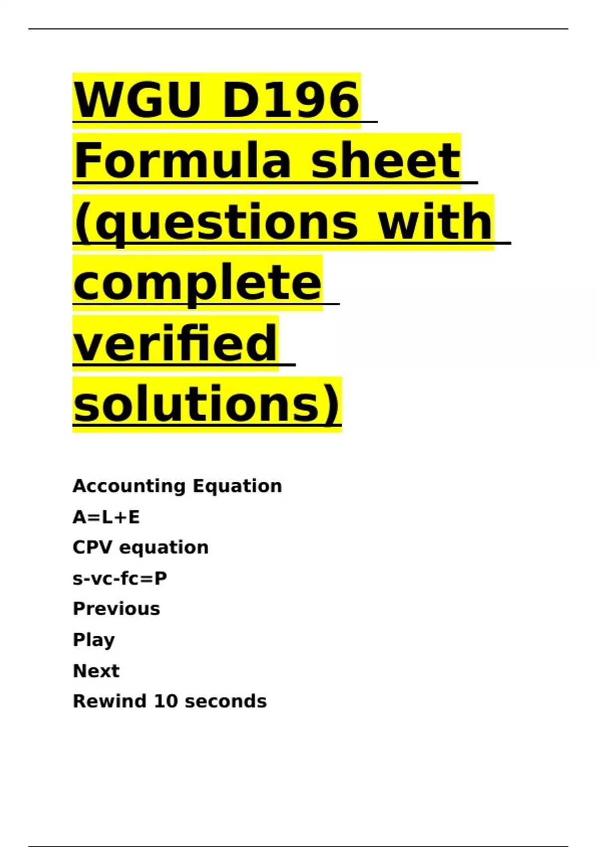 WGU D196 Formula sheet (questions with complete verified solutions) - WGU D196 - Stuvia US
