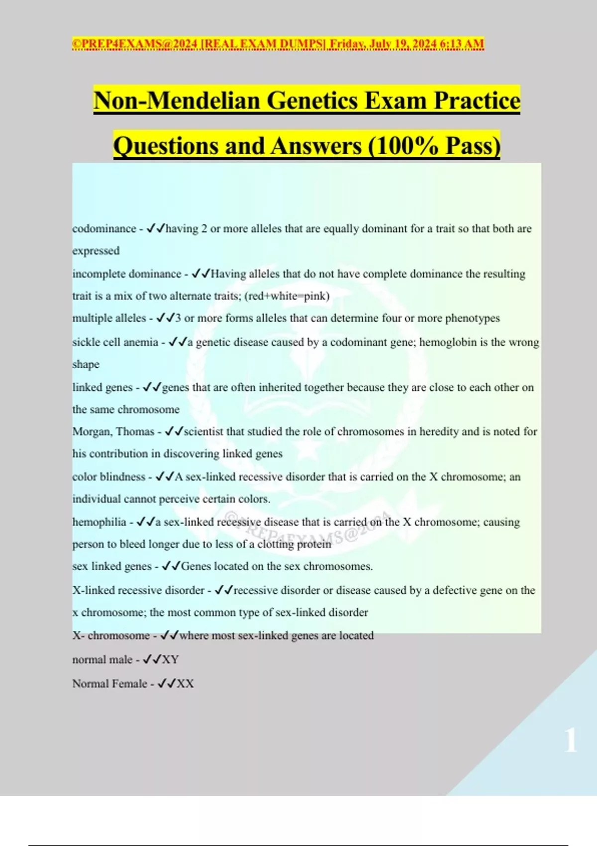 Non-Mendelian Genetics Exam Practice Questions and Answers (100% Pass ...