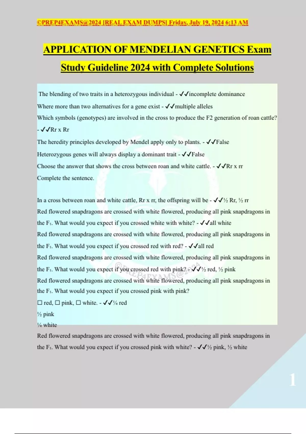 APPLICATION OF MENDELIAN GENETICS Exam Study Guideline 2024 with Complete Solutions - Mendelian ...