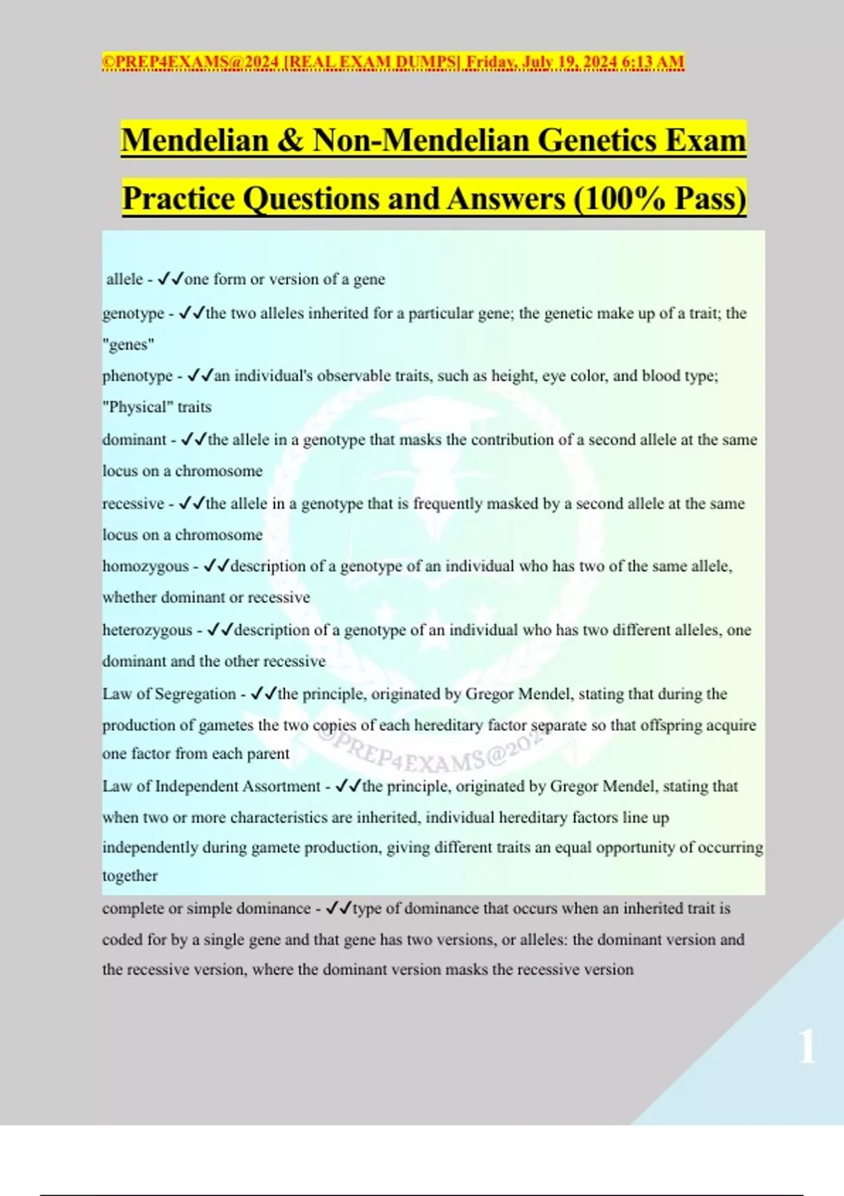 Mendelian & Non-Mendelian Genetics Exam Practice Questions and Answers ...