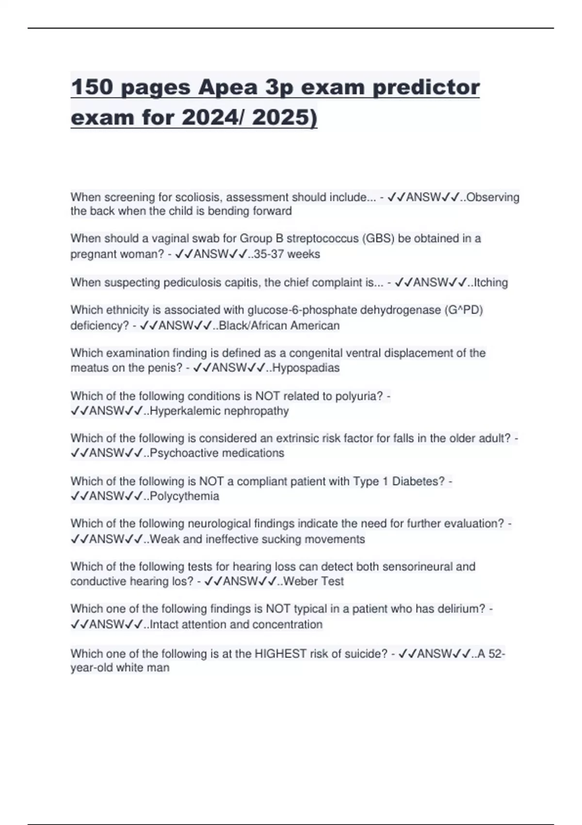 150 pages Apea 3p exam predictor exam for 2024/ 2025) - APEA 3P - Stuvia US