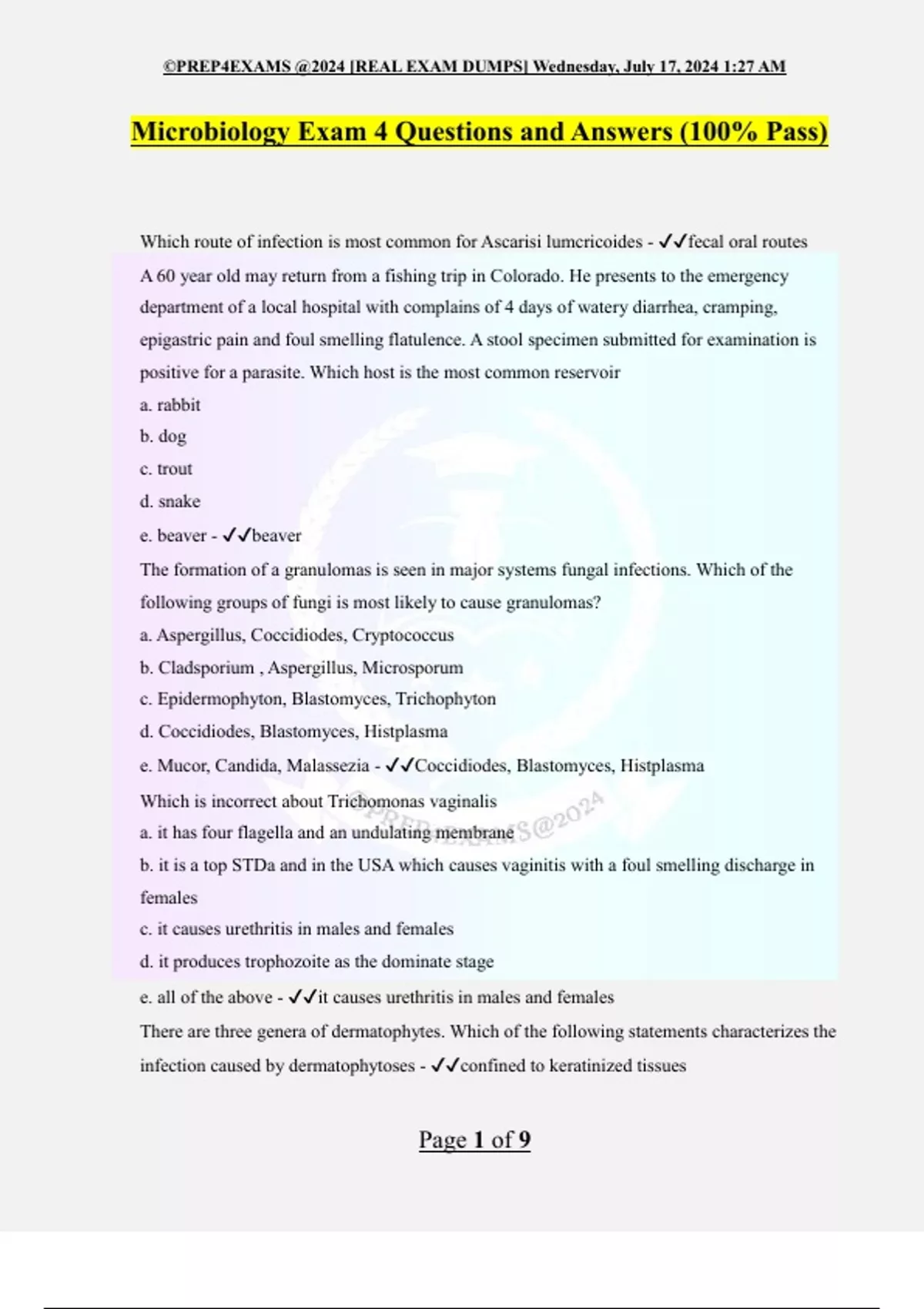 Microbiology Exam 4 Questions and Answers (100% Pass) - Microbiology ...