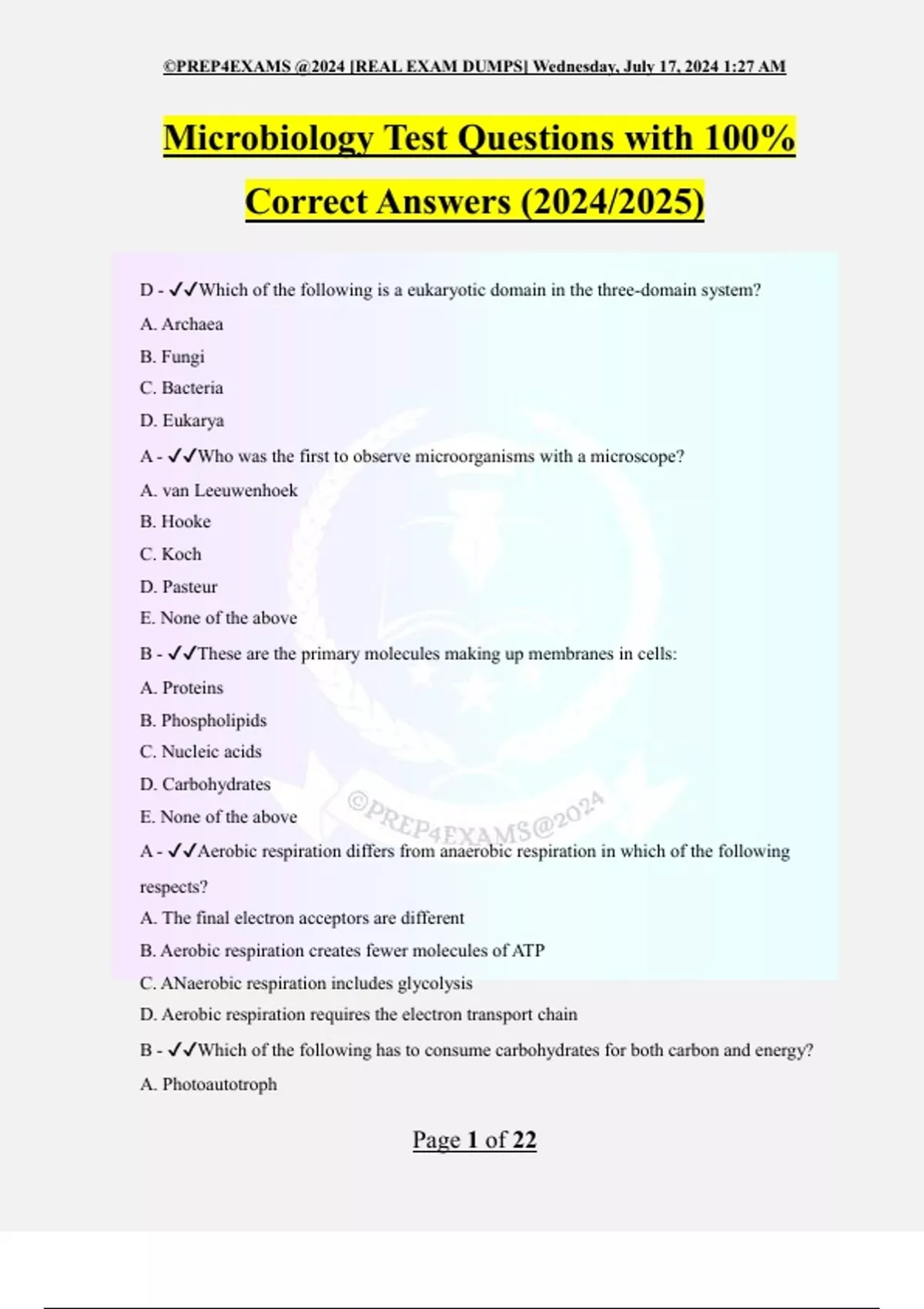 Microbiology Test Questions with 100% Correct Answers (2024/2025 ...