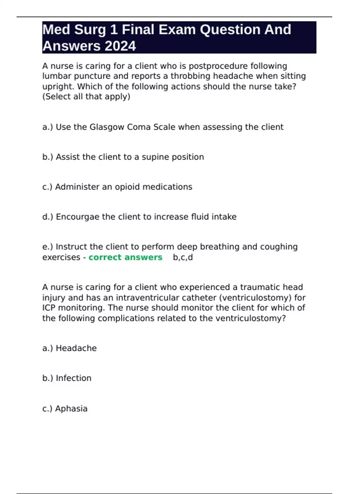 Med Surg 1 Final Exam Question And Answers 2024 - Med Surg 1 Fina Exa ...