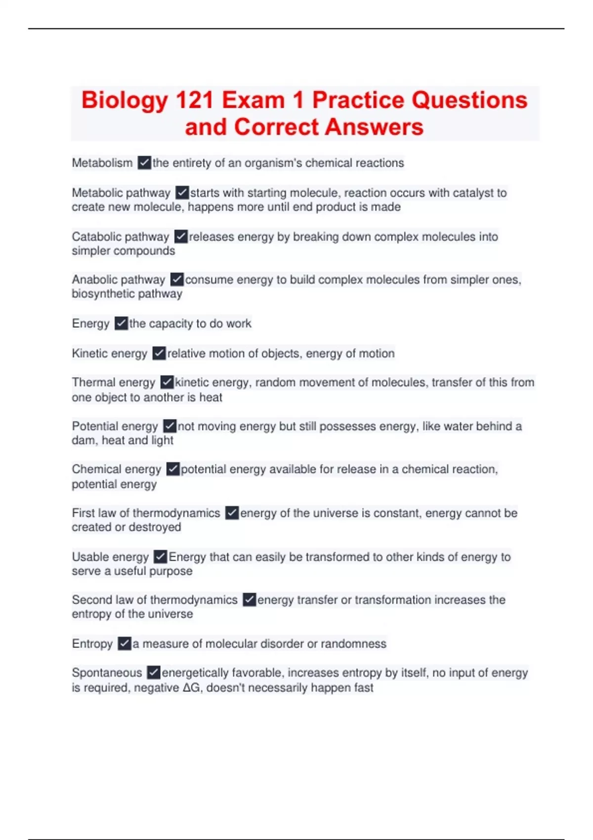 Biology 121 Exam 1 Practice Questions and Correct Answers - BIO 121 ...