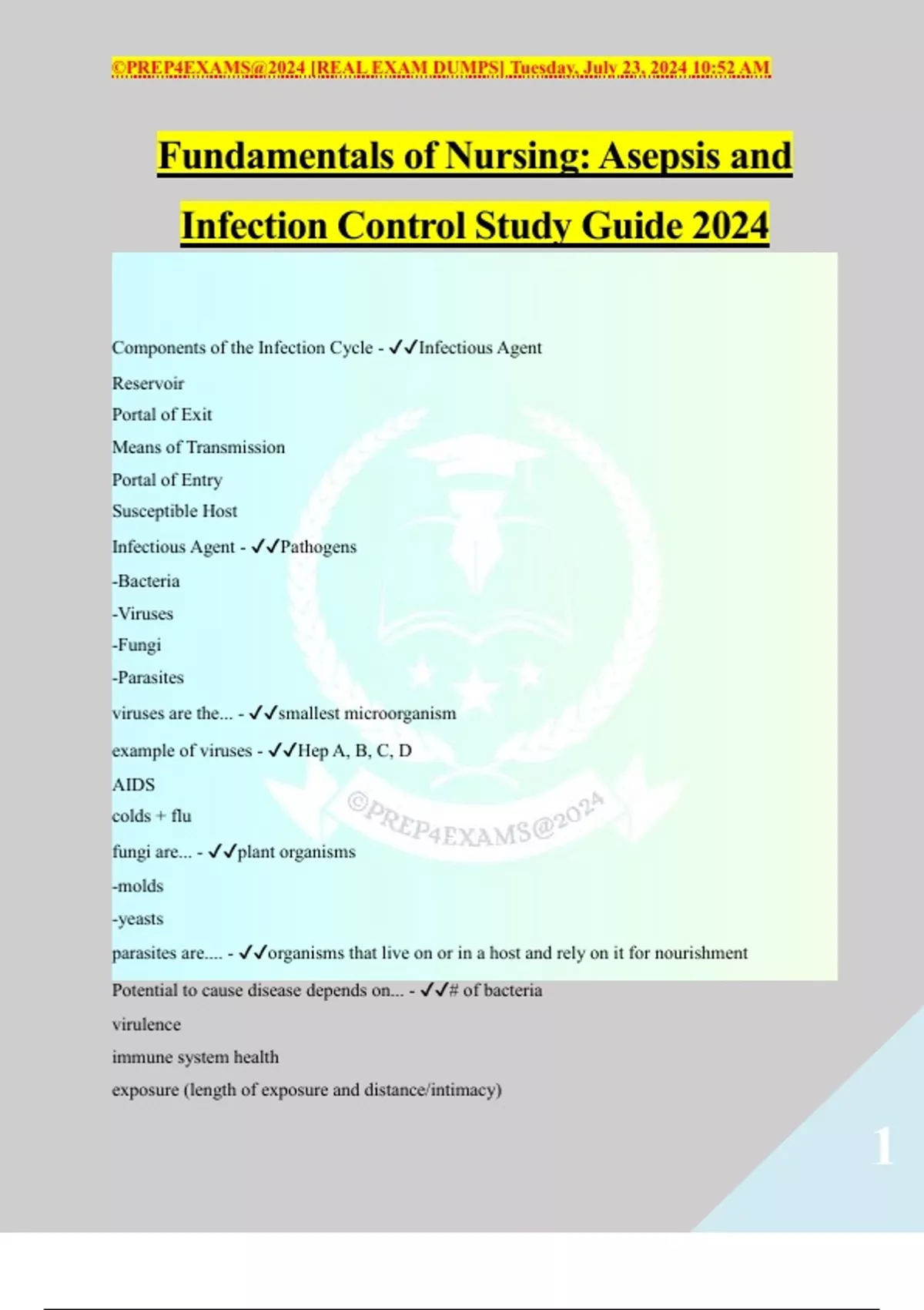 Fundamentals of Nursing: Asepsis and Infection Control Study Guide 2024 ...
