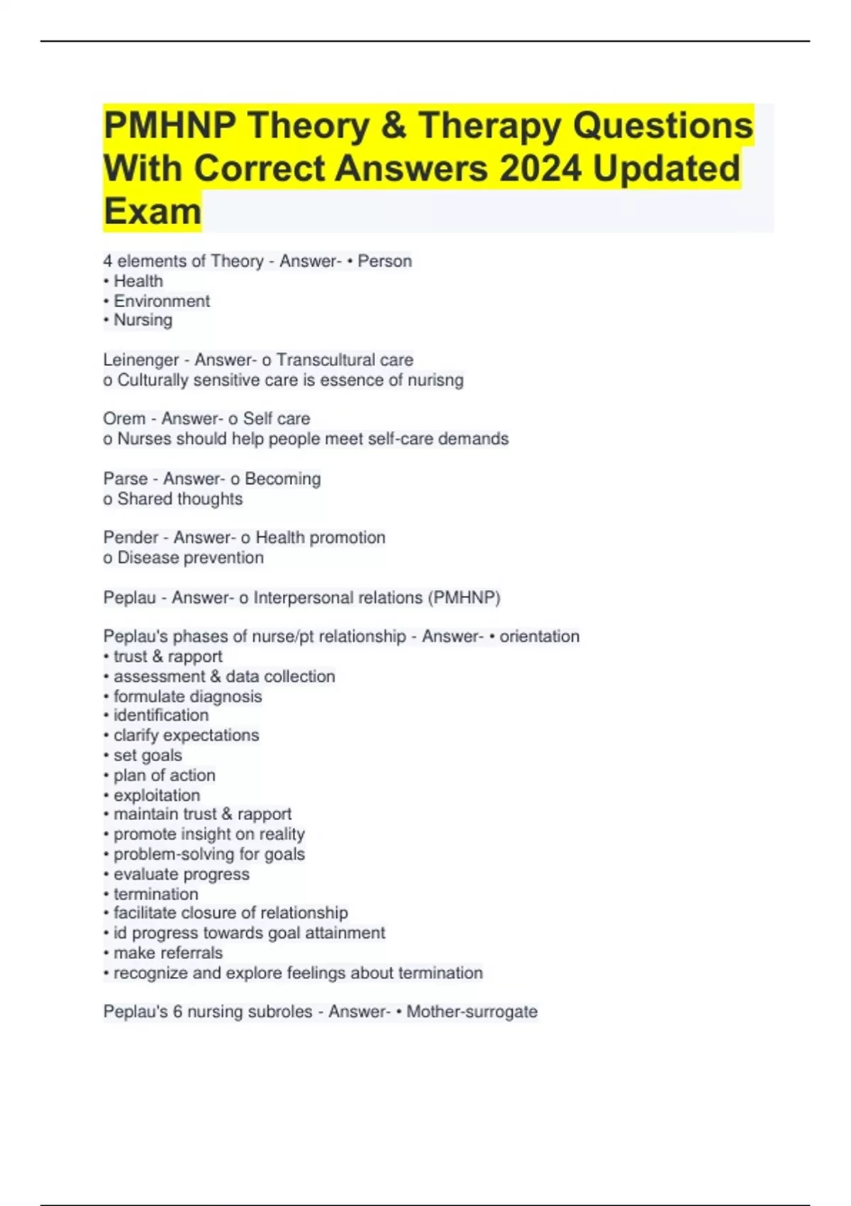 PMHNP Theory & Therapy Questions With Correct Answers 2024 Updated Exam ...