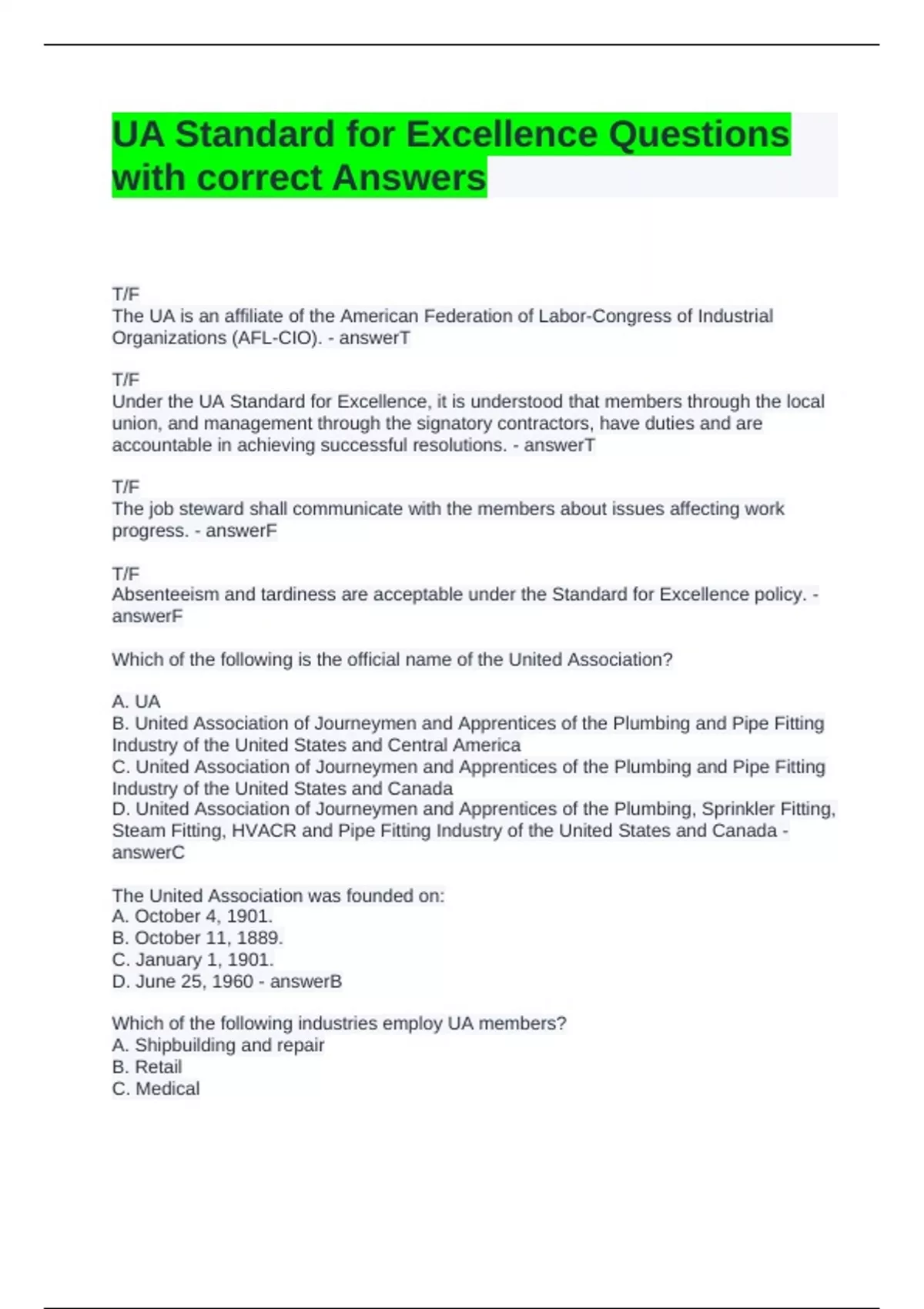 UA Standard for Excellence Questions with correct Answers - UA Foreman - Stuvia US