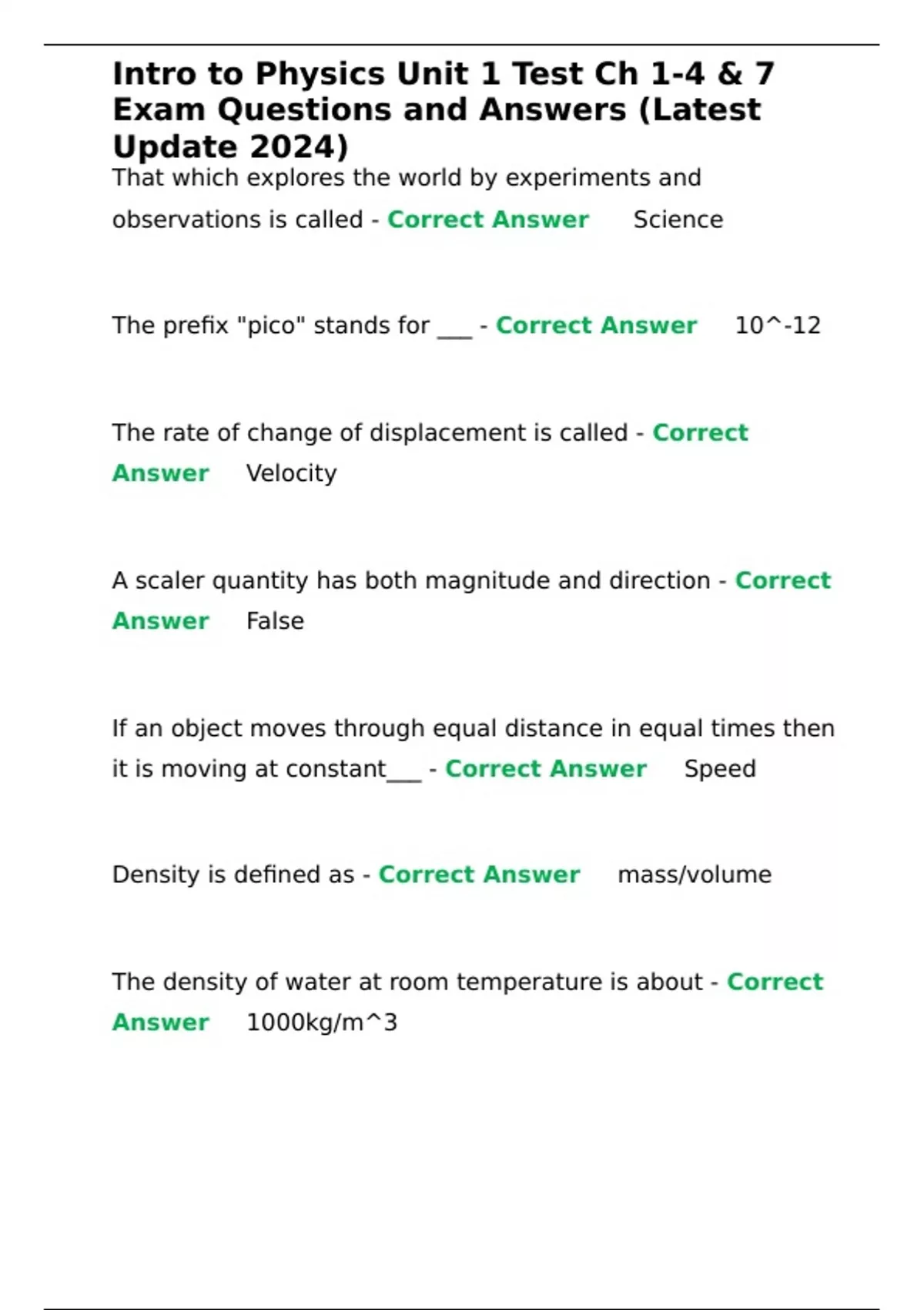 Intro to Physics Unit 1 Test Ch 1-4 & 7 Exam Questions and Answers ...
