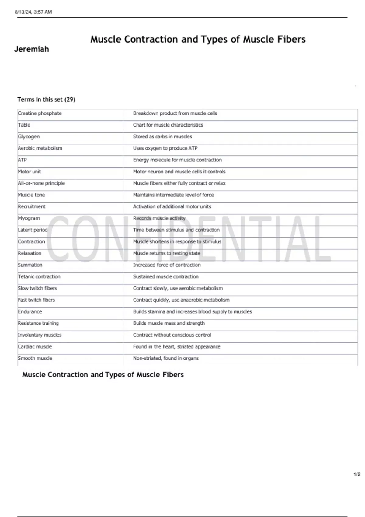 Muscle Contraction and Types of Muscle Fibers EXAM STUDY GUIDE NCTA ...