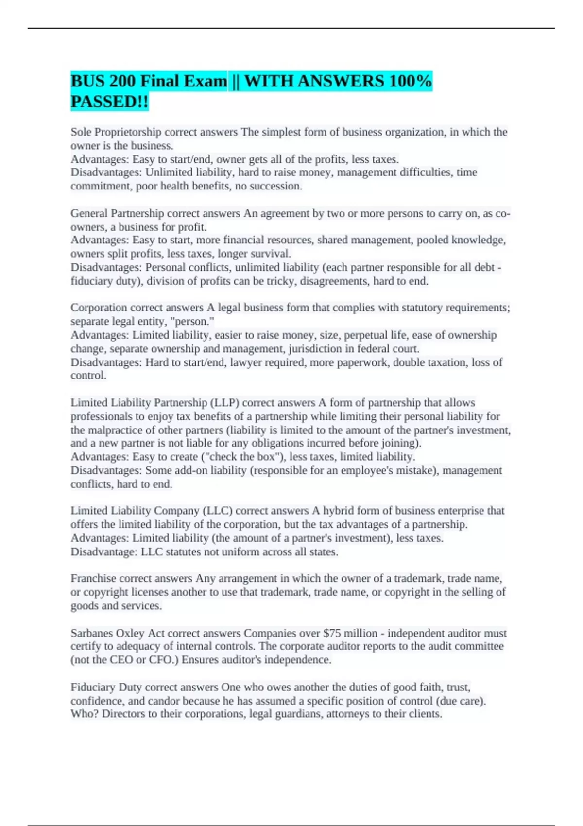 BUS 200 Final Exam || WITH ANSWERS 100% PASSED!! - BUS 200 - Stuvia US