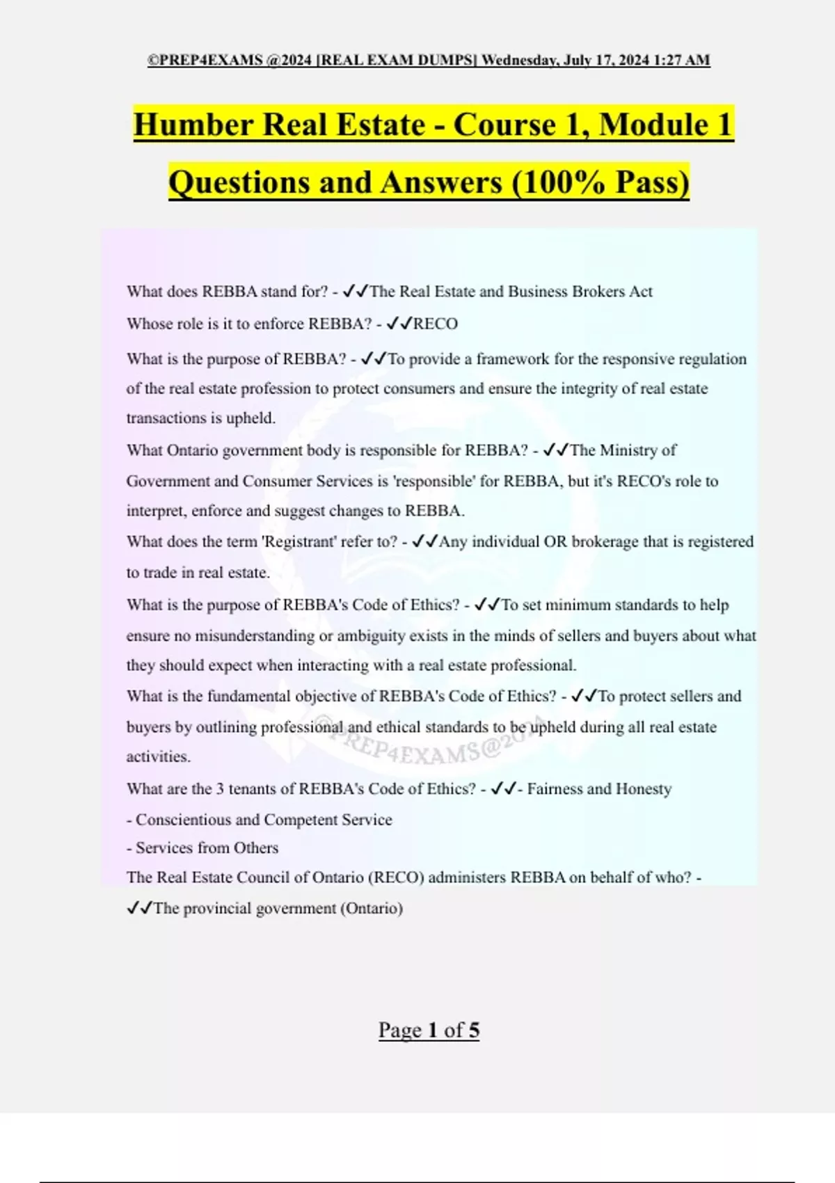 Humber Real Estate - Course 1, Module 1 Questions and Answers (100% ...