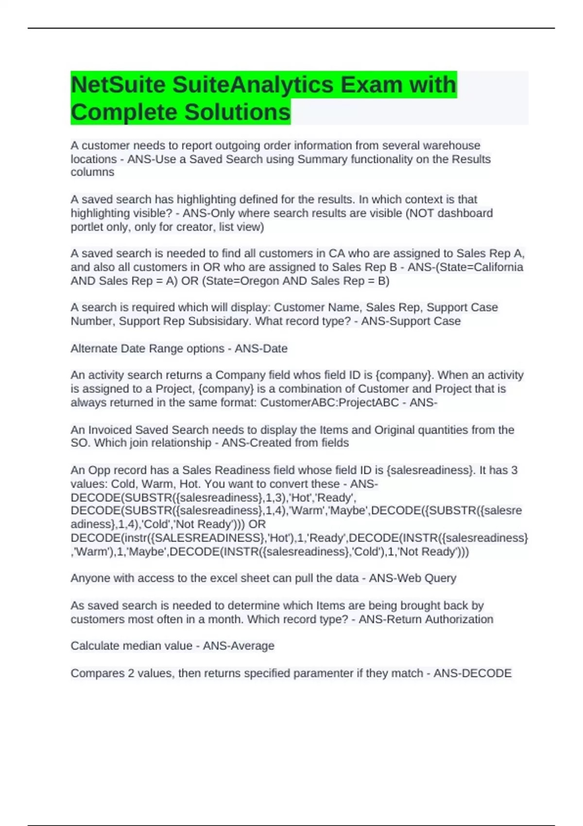 NetSuite SuiteAnalytics Exam with Complete Solutions - Netsuite ...