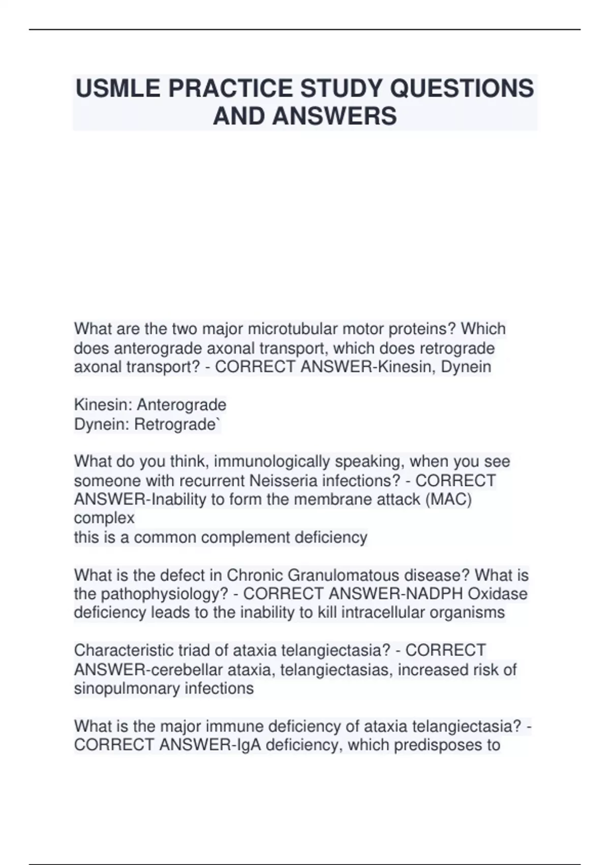 USMLE PRACTICE STUDY QUESTIONS AND ANSWERS - USMLE - Stuvia US