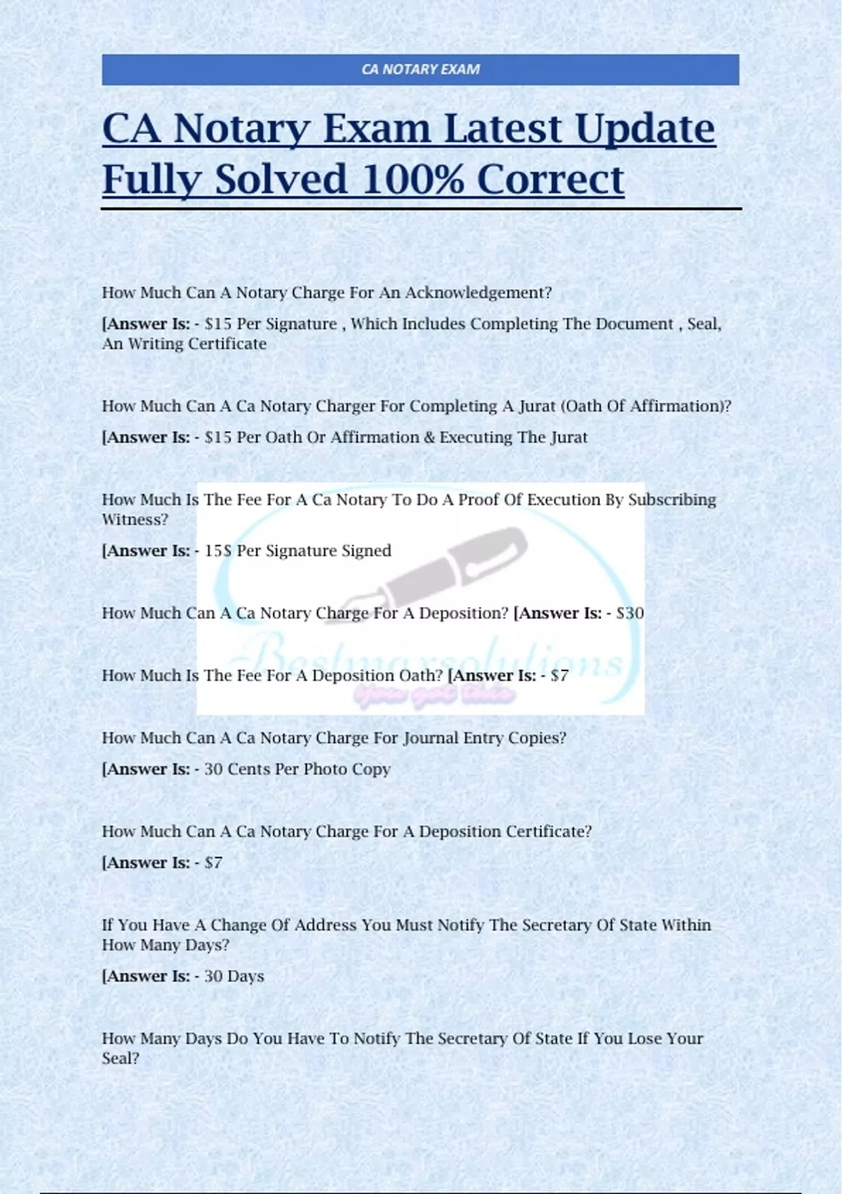 CA Notary Exam Latest Update Fully Solved 100% Correct - CA Notary ...
