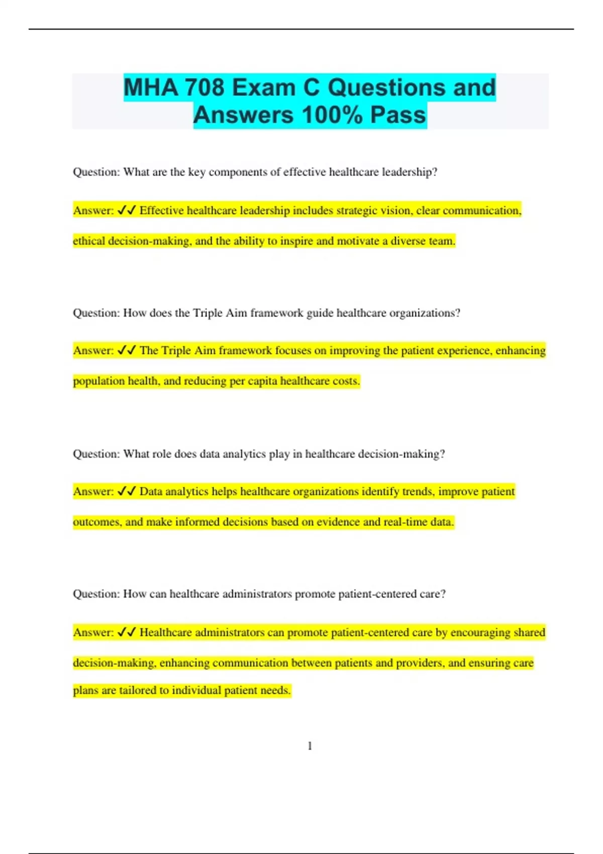 MHA 708 Exam C Questions and Answers 100% Pass - MHA 708 - Stuvia US