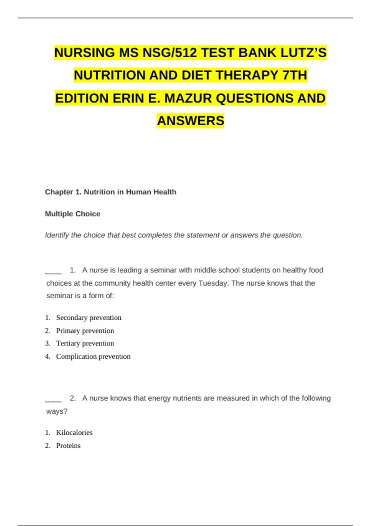 NURSING MS NSG/512 TEST BANK LUTZ’S NUTRITION AND DIET THERAPY 7TH ...