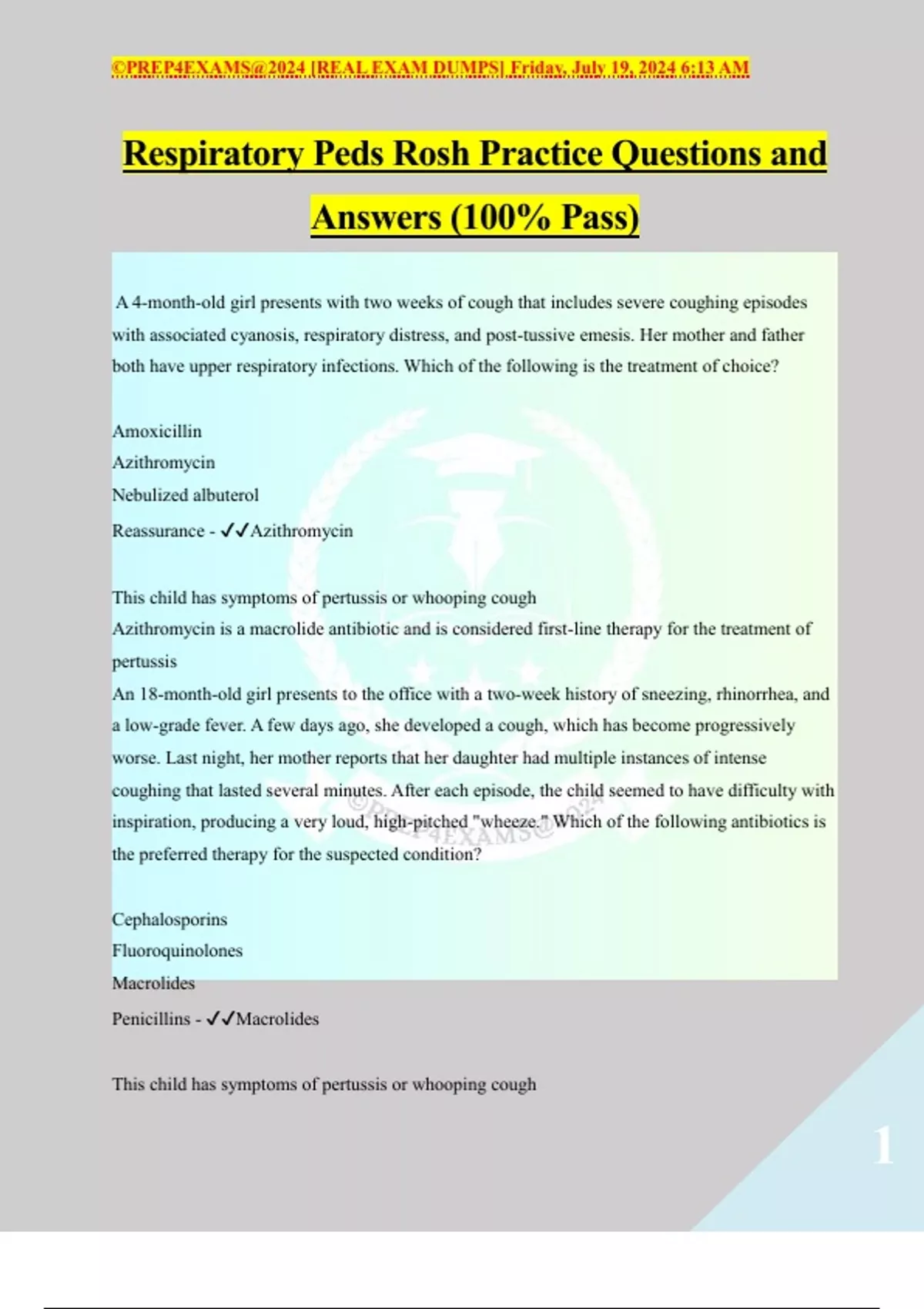 Respiratory Peds Rosh Practice Questions and Answers (100% Pass) - ROSH ...