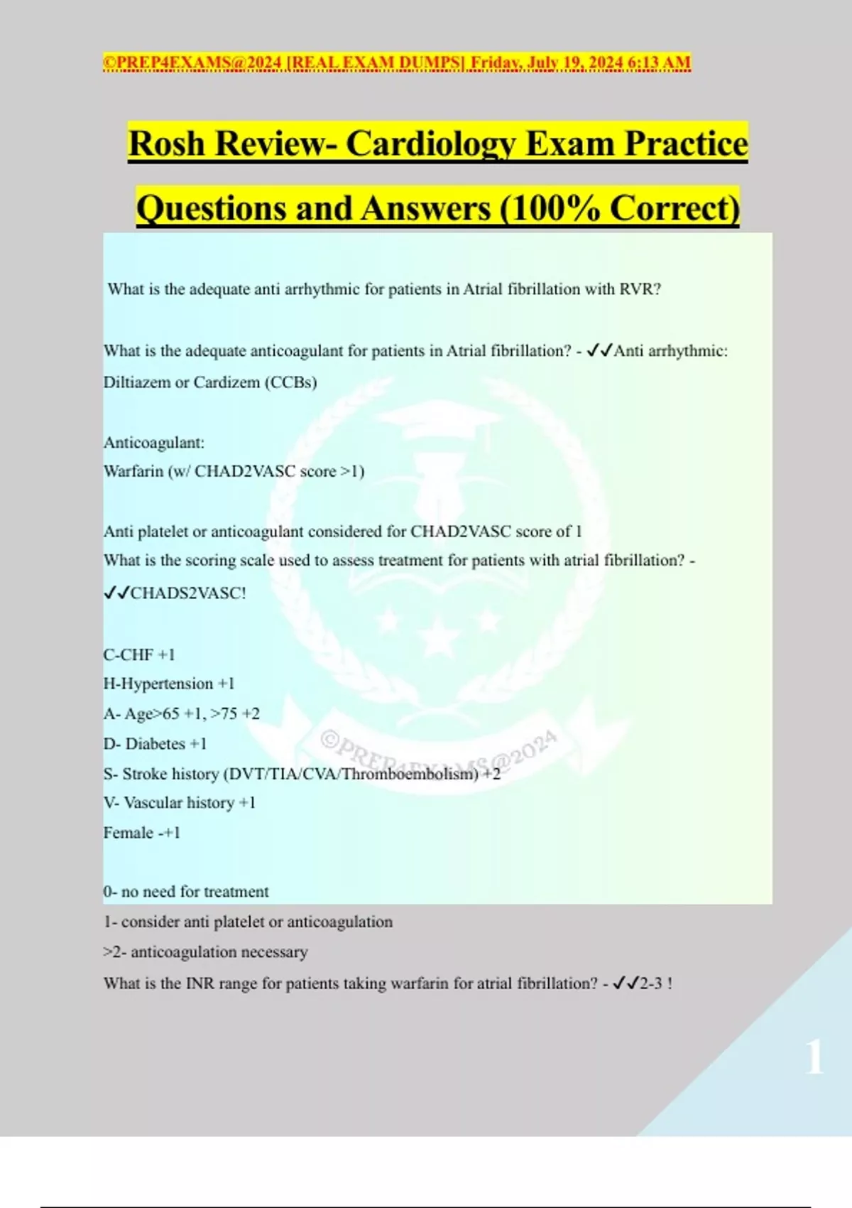 Rosh Review- Cardiology Exam Practice Questions and Answers (100% ...